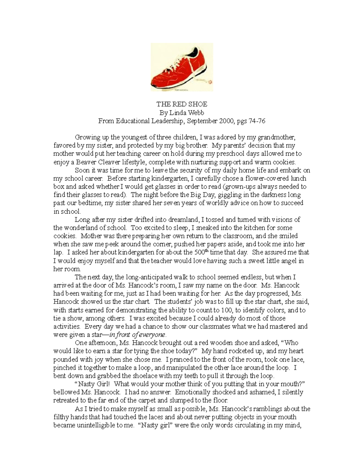 EPSY 341 THE RED SHOE - BRANDI - THE RED SHOE By Linda Webb From ...