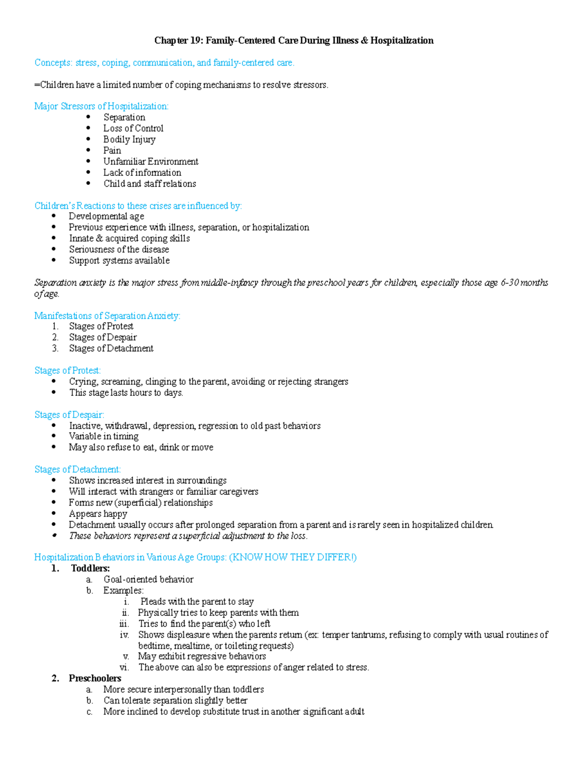 Ch 19 - Lecture/Book/ATI Chapter notes - Chapter 19: Family-Centered ...