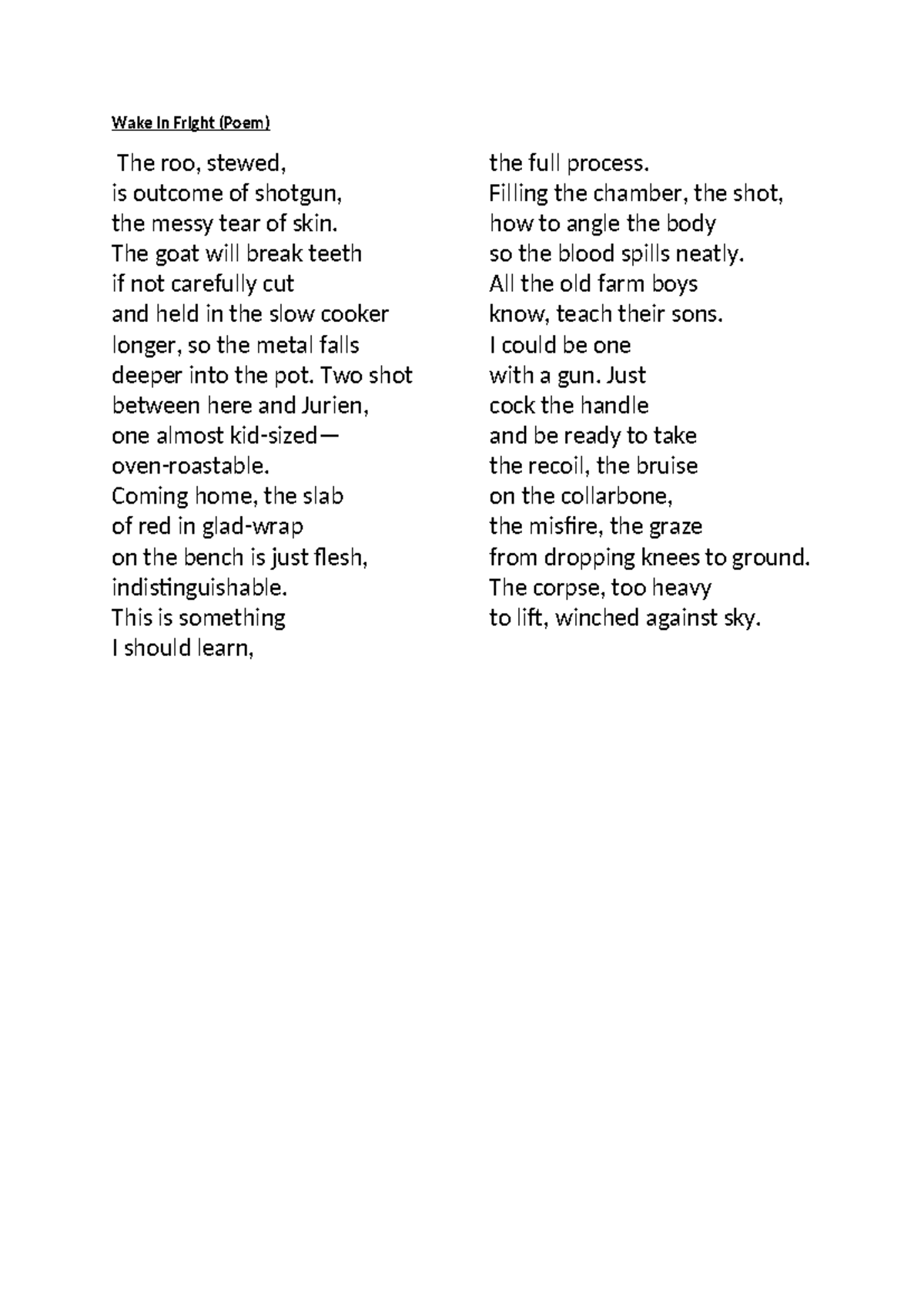 Wake in Fright - use this - Wake in Fright (Poem) The roo, stewed, is ...