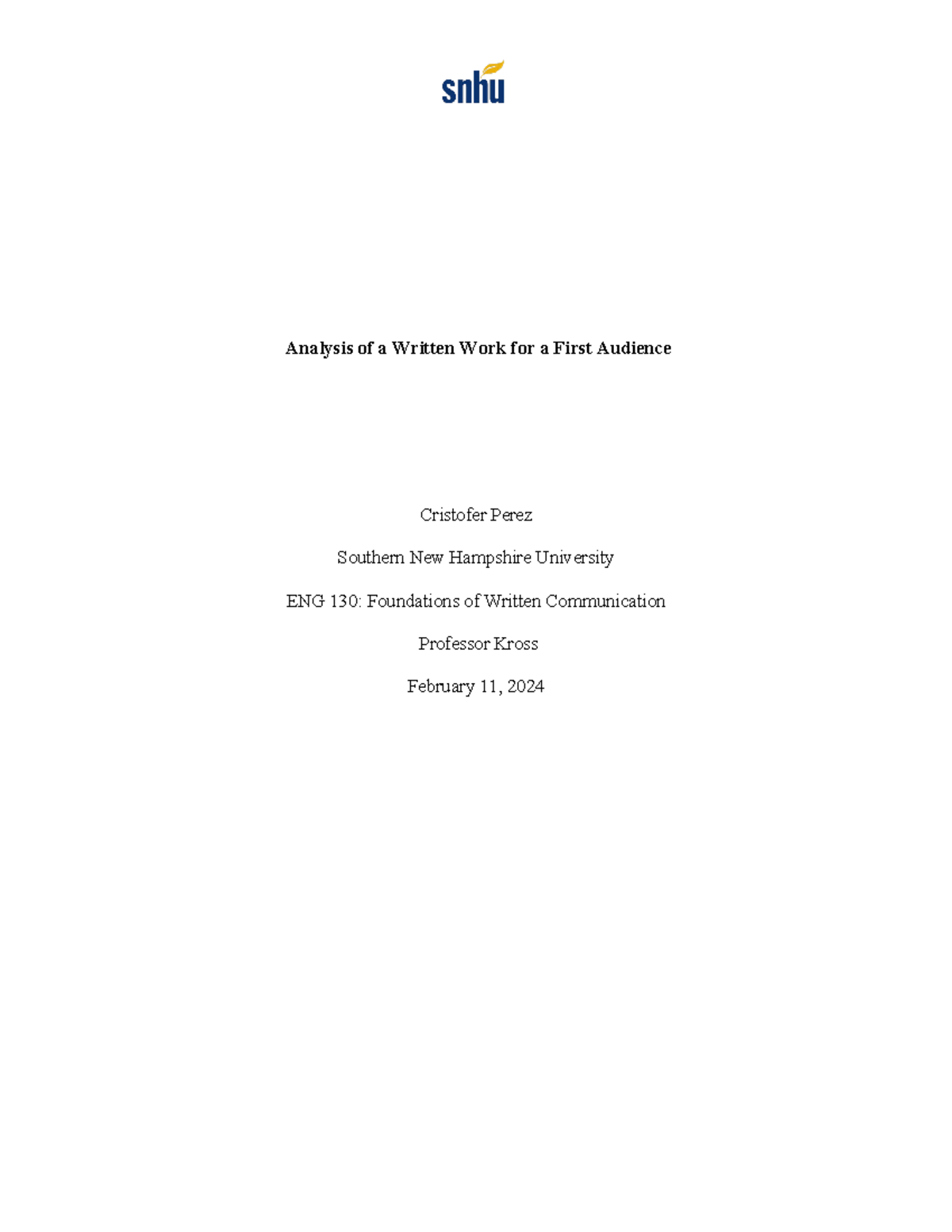 ENG 130 Module Five Analysis of a Written Work for a First Audience APA ...