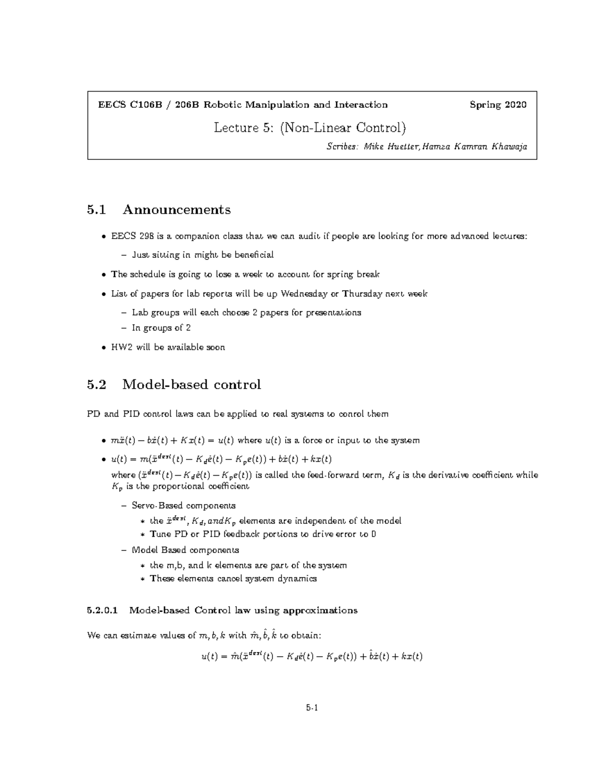Scribe lec5 - abc - EECS C106B / 206B Robotic Manipulation and Interaction Spring 2020 Lecture 5 ...