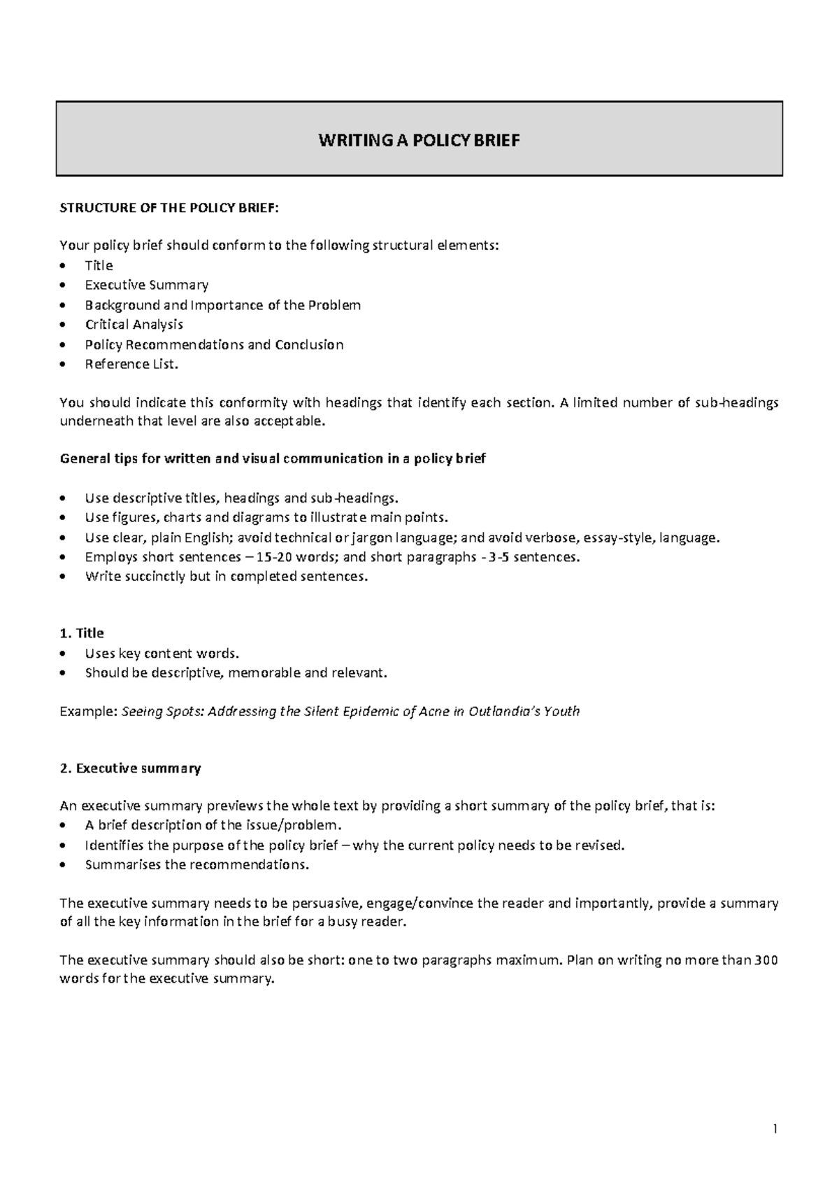 How to write a policy brief - WRITING A POLICY BRIEF STRUCTURE OF THE ...