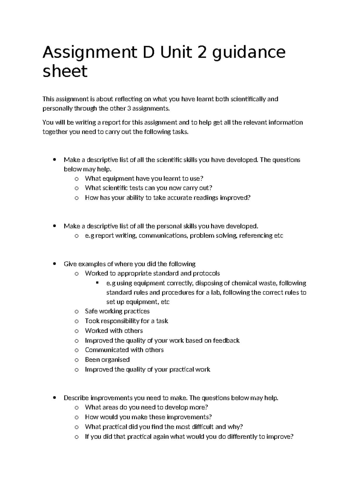 Assignment D Unit 2 guidance sheet applied sceince year 12 - Assignment ...