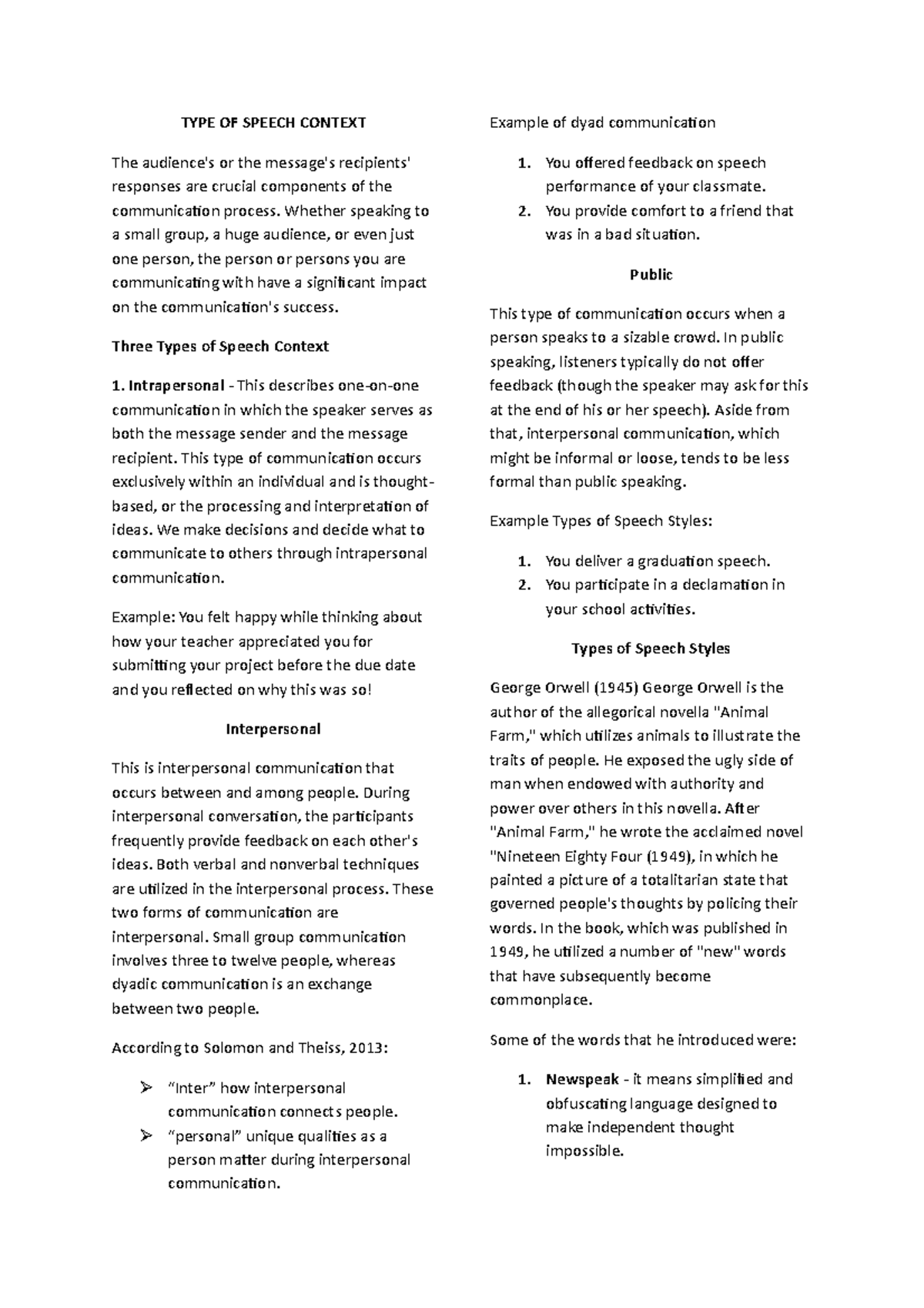 TYPE OF Speech Context Lecture - TYPE OF SPEECH CONTEXT The audience's ...