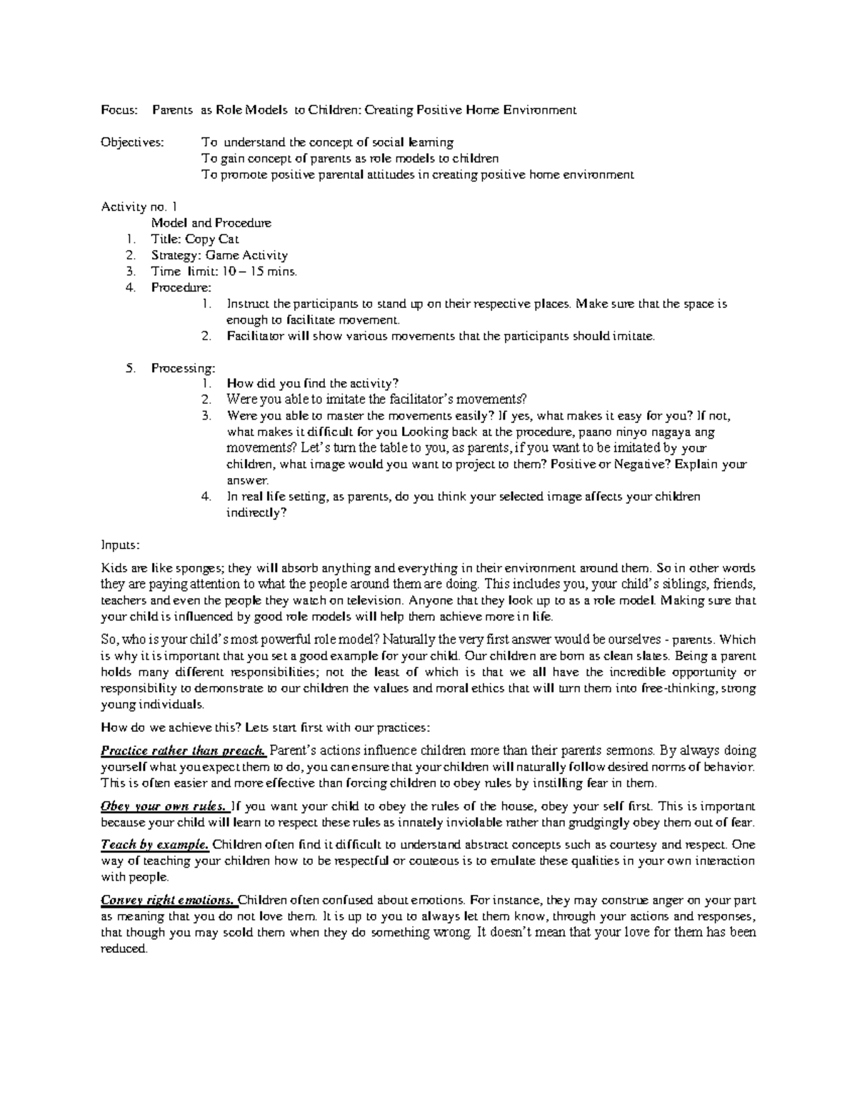 Group Dynamics - Parenting Activity Coursework - Focus: Parents as Role ...