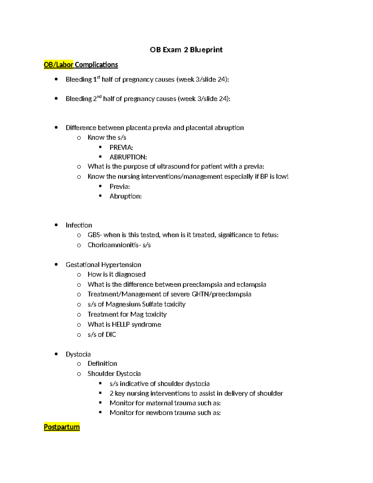 OB Exam 2 Study Guide -1 - OB Exam - OB Exam 2 Blueprint OB/Labor ...
