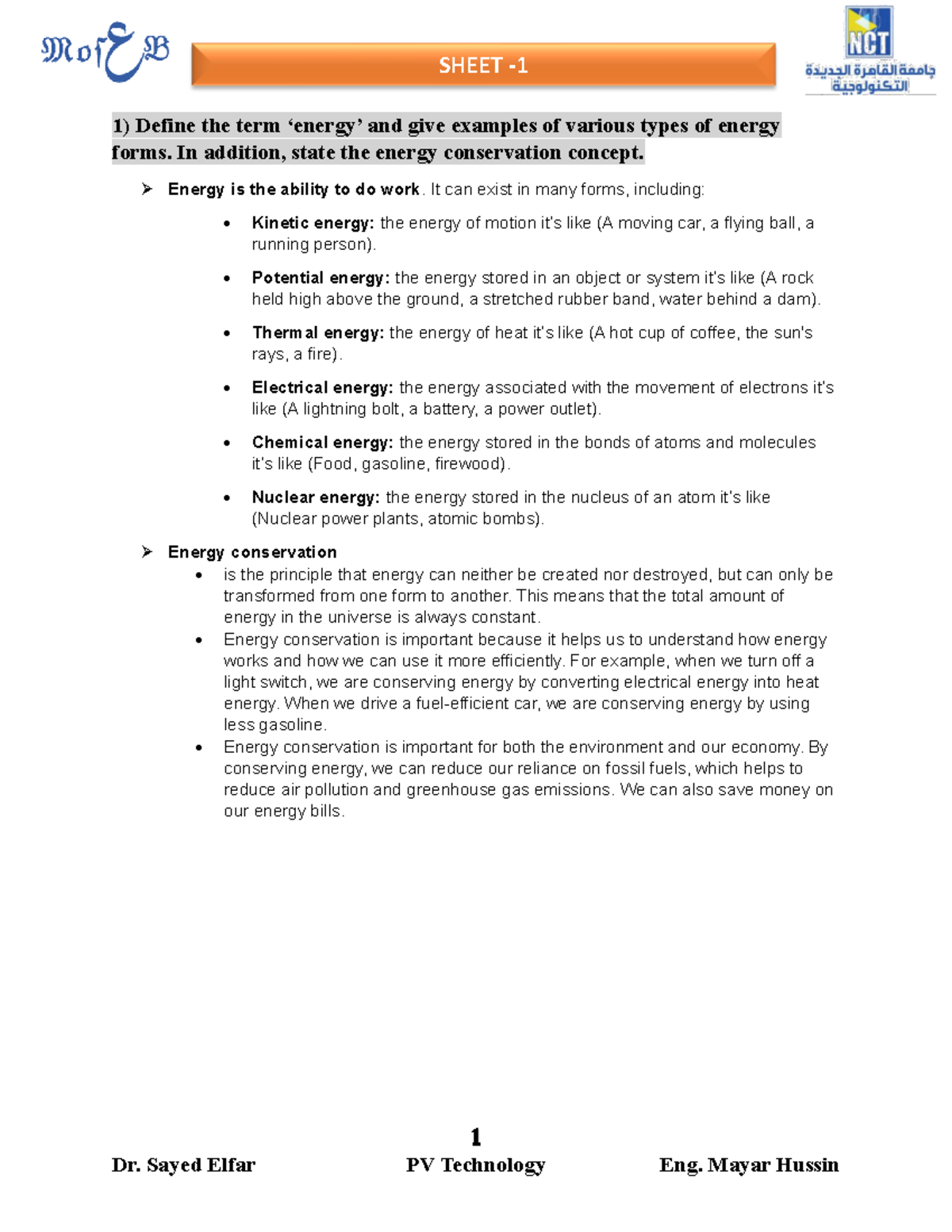 Ans Sheet - 1) Define the term ‘energy’ and give examples of various ...