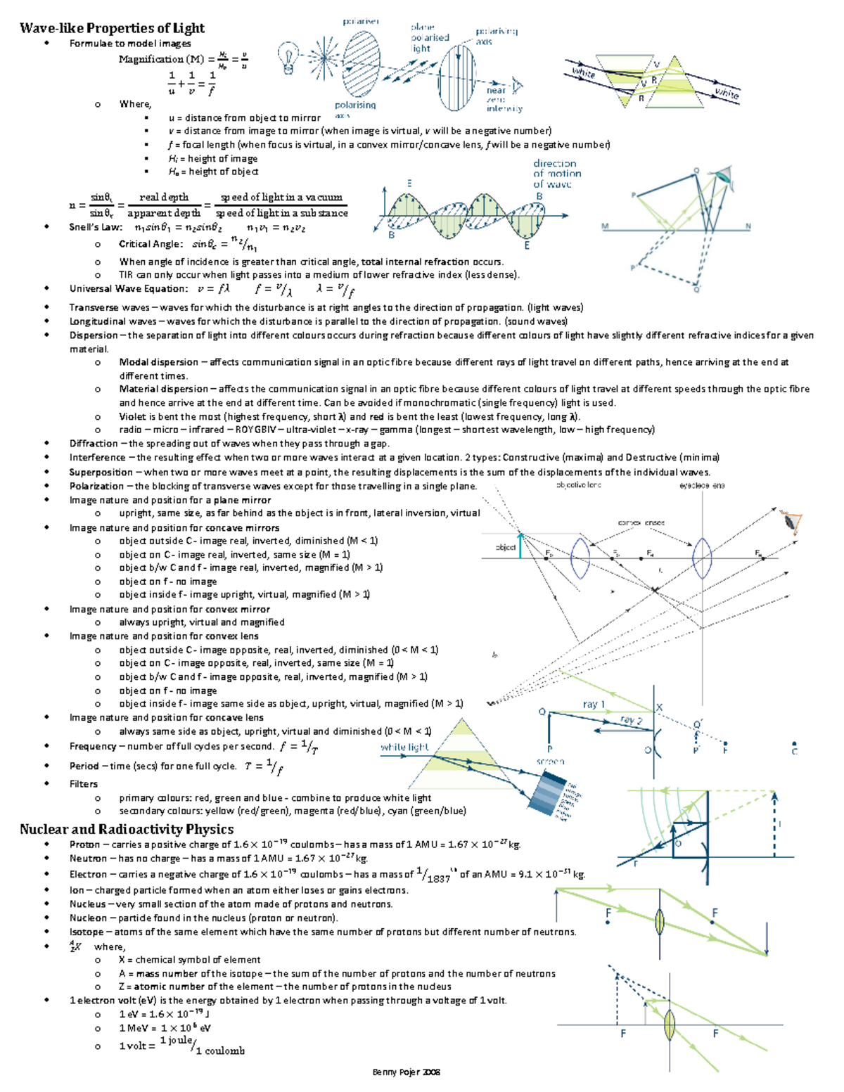 Physics - Unit 1 - Cheat Sheet - Wave-like Properties of Light Formulae ...