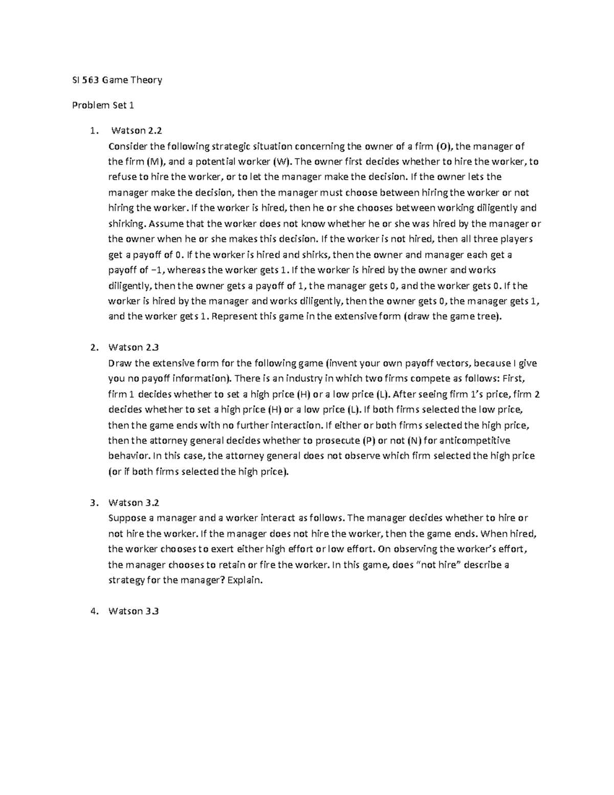 SI 563 Game Theory PS1 - Sample assignment with questions from textbook ...