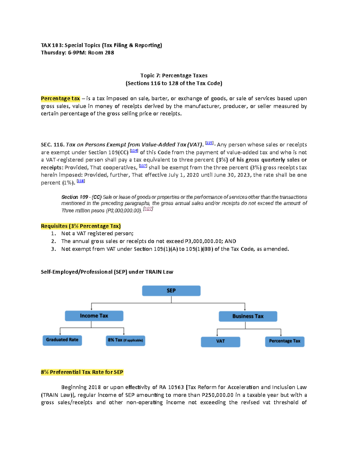 Topic 7 - Percentage Taxes - TAX 103: Special Topics (Tax Filing ...
