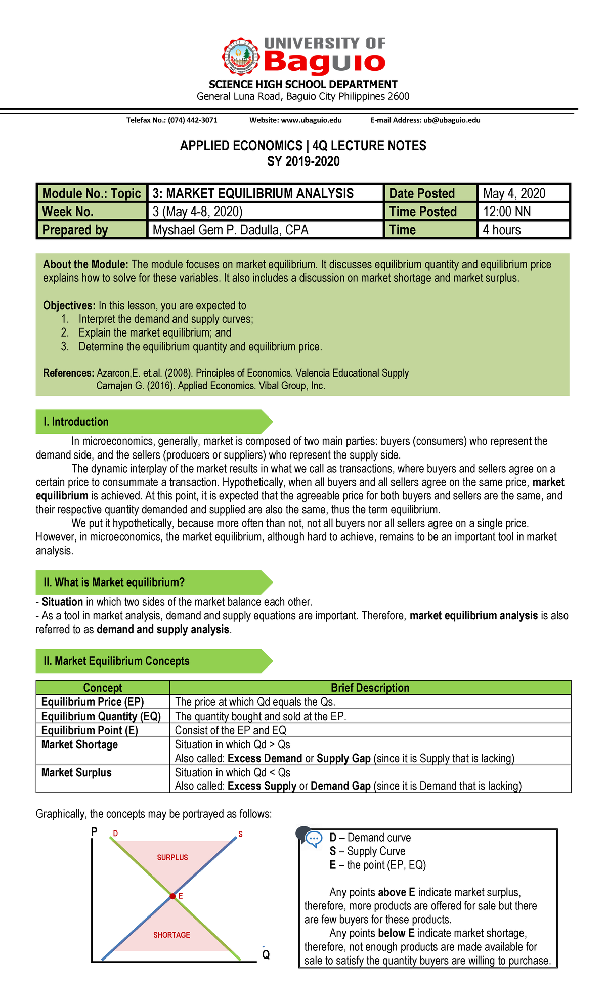 Module 3 Market Equilibrium Science High School Department General