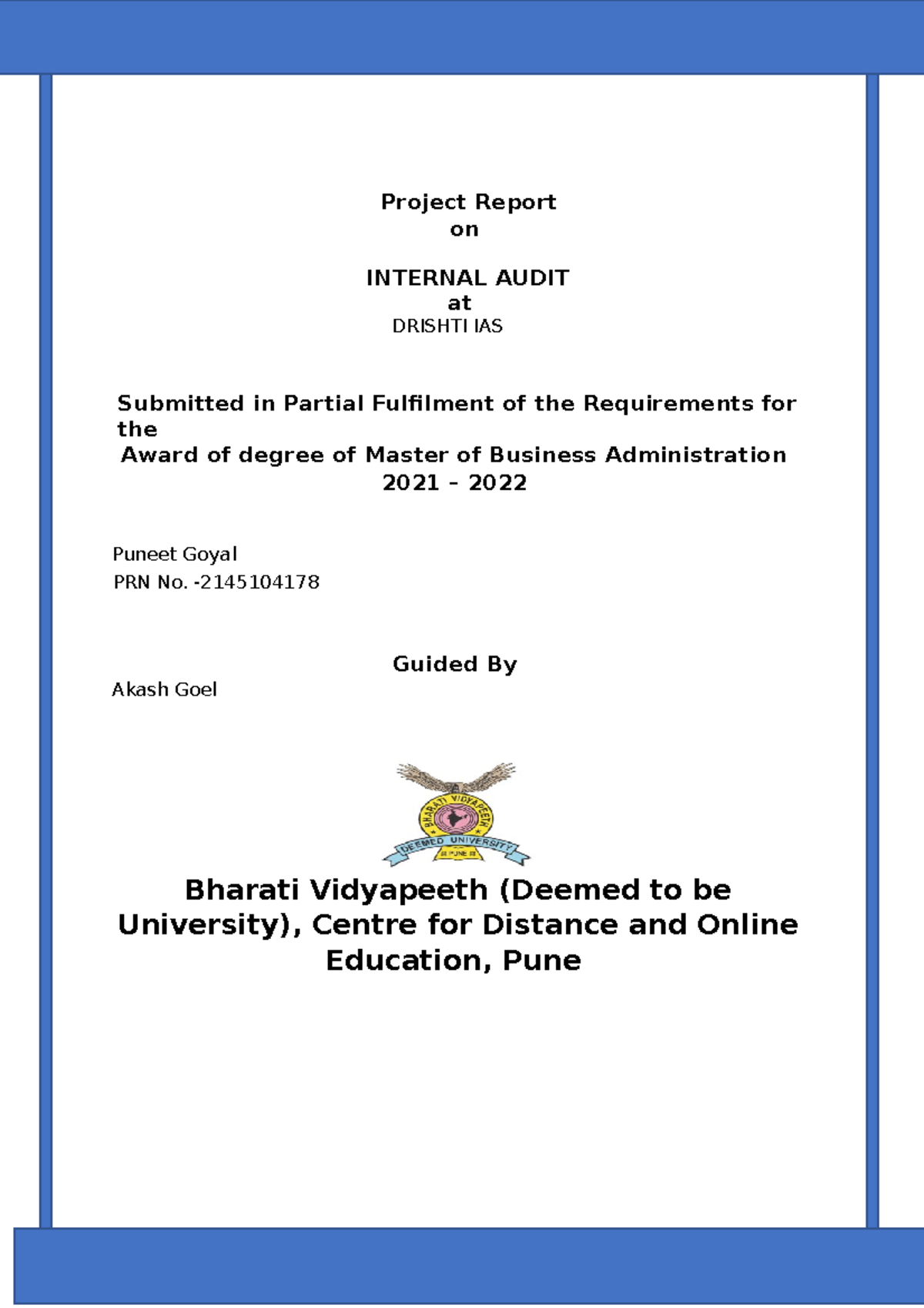 Project Report on - Project Report on INTERNAL AUDIT at DRISHTI IAS ...