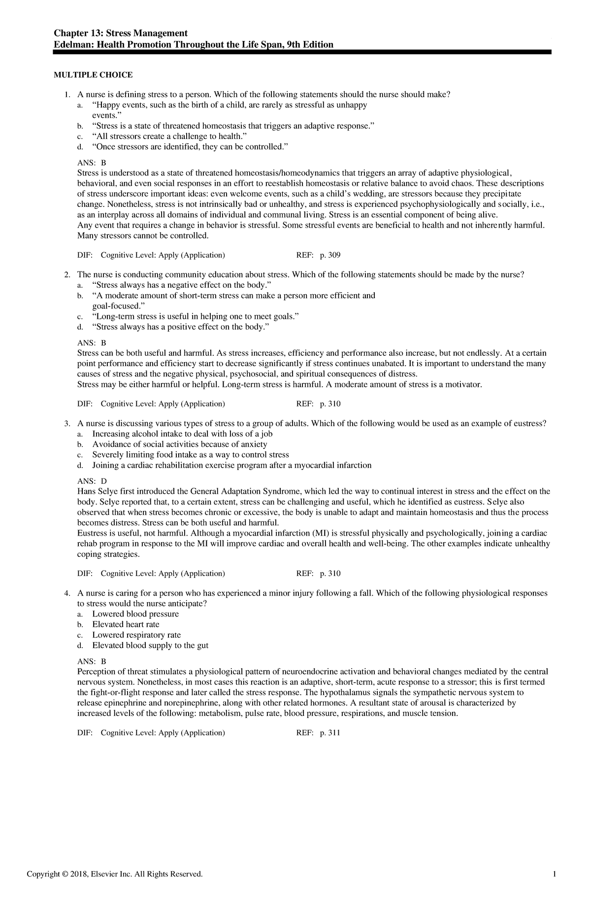 Exam View - Chapter 13 - Chapter 13: Stress Management Edelman: Health ...