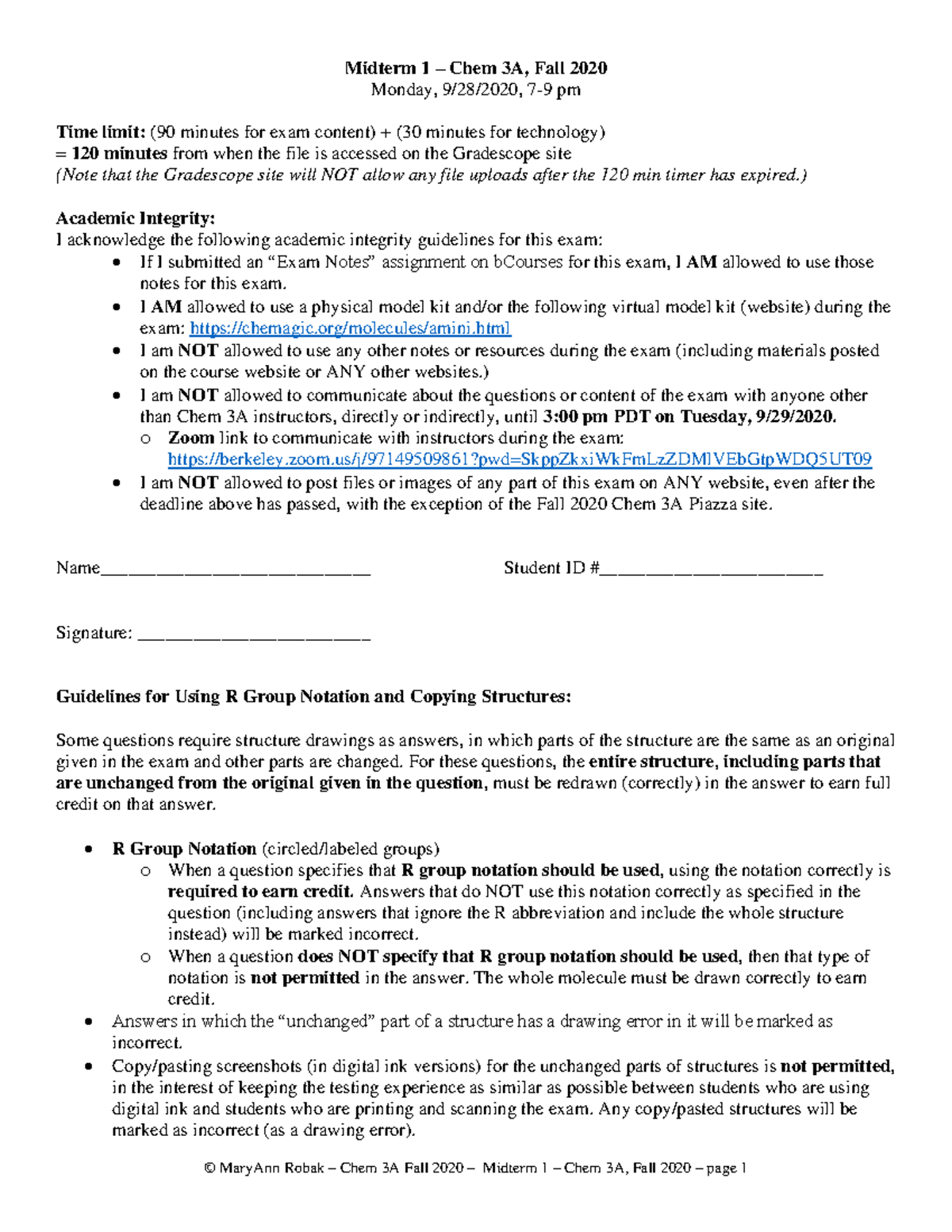 Chem3A fa2020 mt1 Robak exam - Midterm 1 – Chem 3A, Fall 2020 Monday, 9 ...