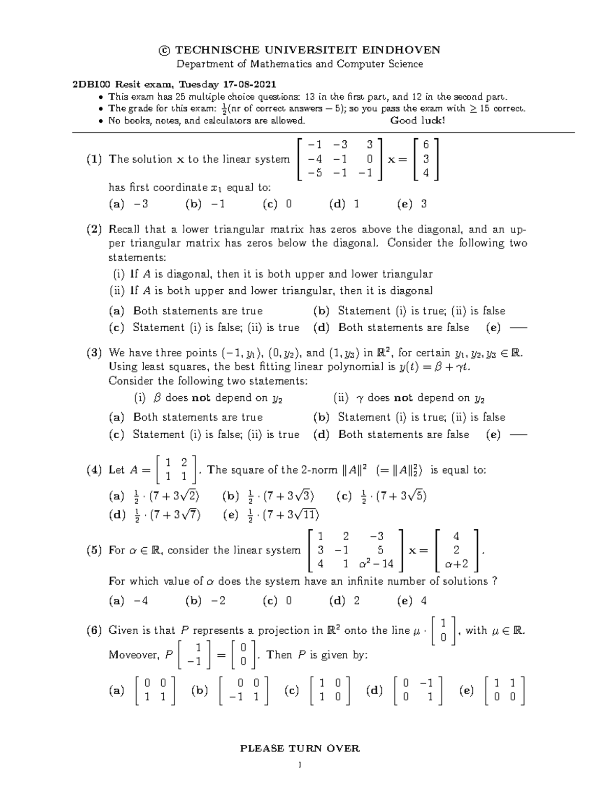 2DBI00-20210817 - Past paper for linear algebra - ©c TECHNISCHE ...