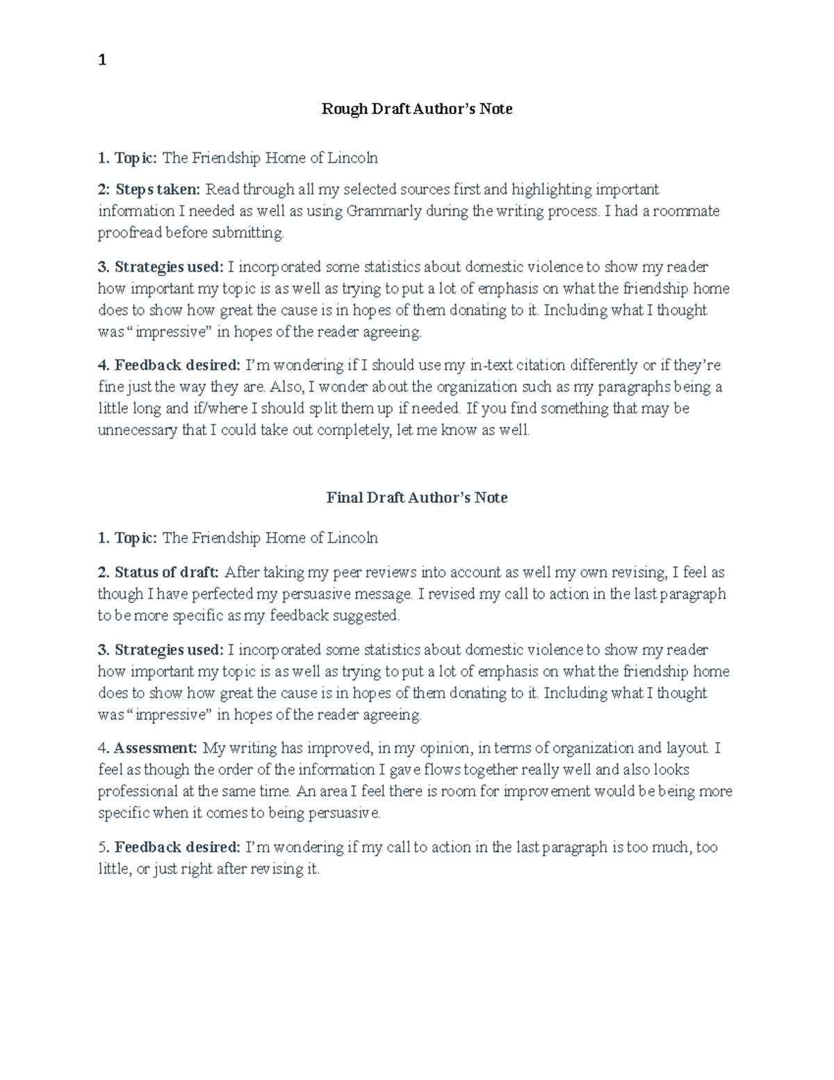 Persuasive Appeal final draft - 1 Rough Draft Author’s Note Topic: The Friendship Home of ...