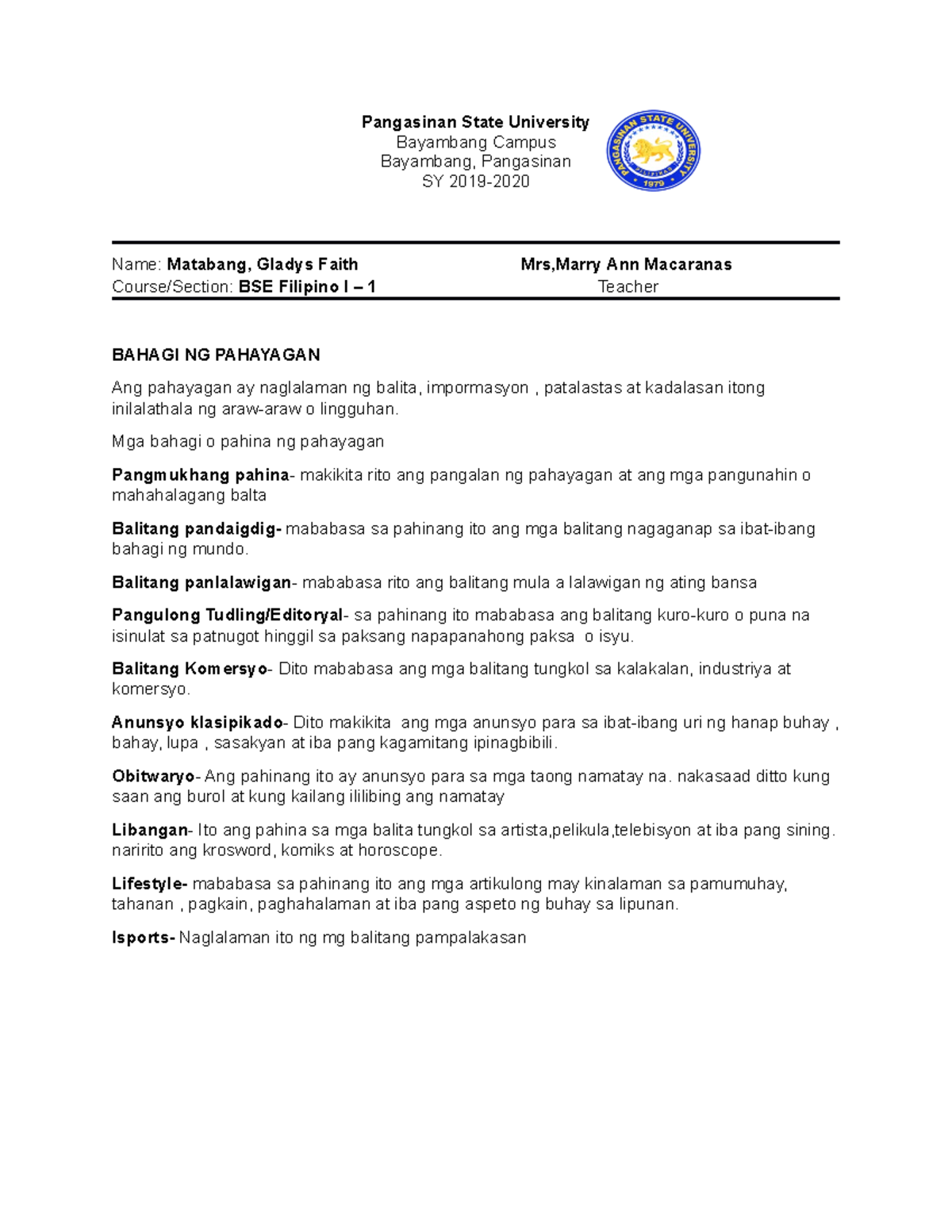 Finale Pahayagan - Pag-aaral ng wika at kultura - Pangasinan State ...