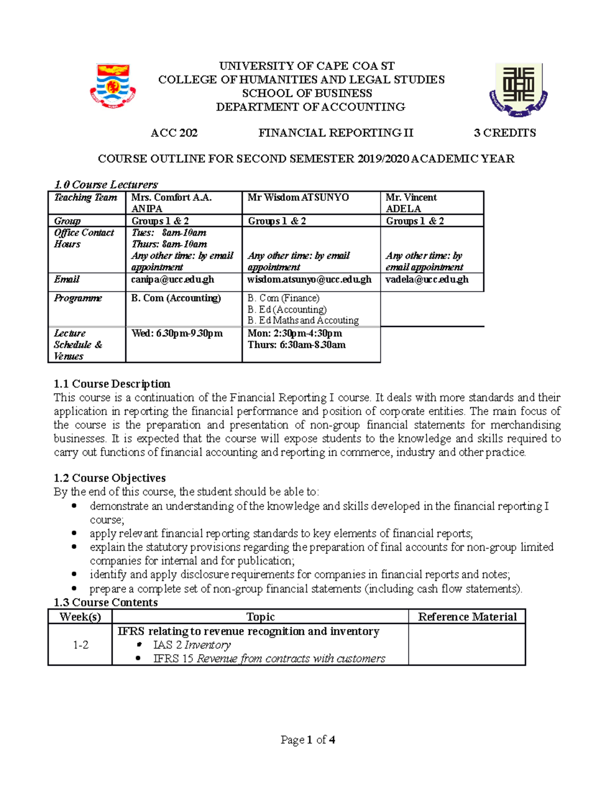 ACC202-Financial Reporting II Course Outline - UNIVERSITY OF CAPE COA ...