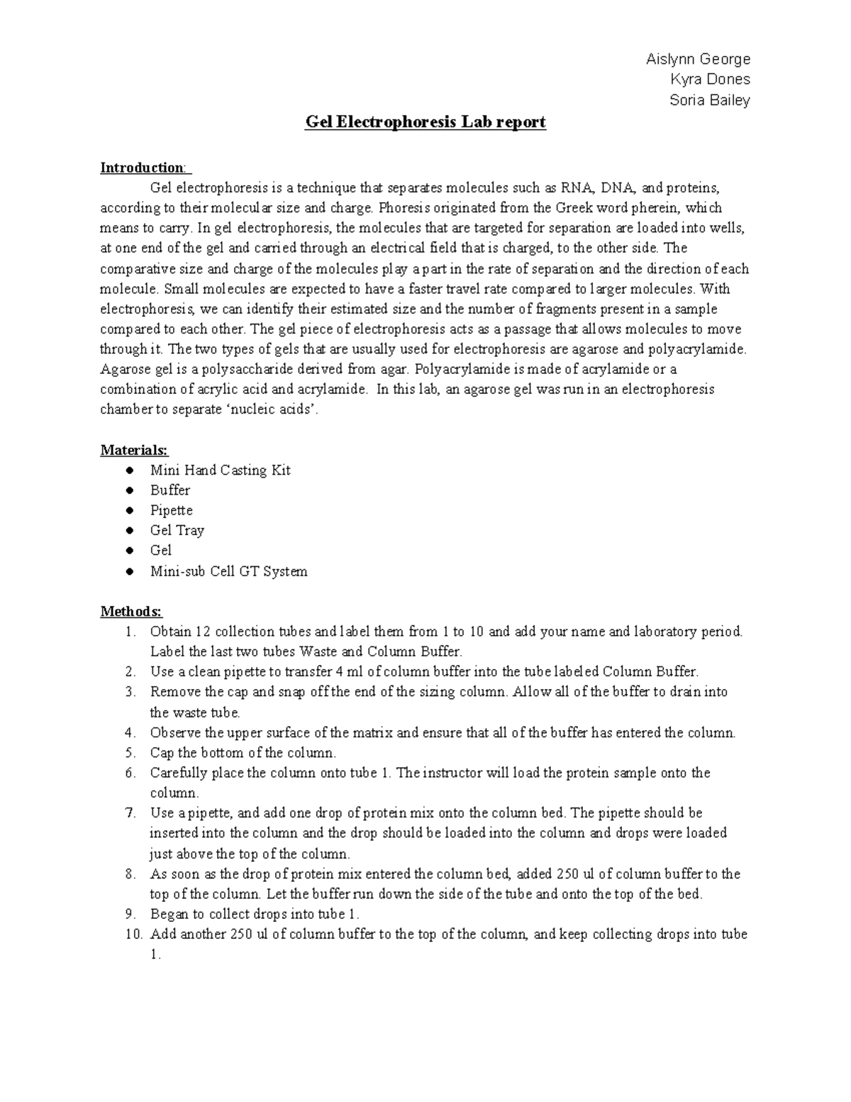 Gel electrophoresis lab report - Aislynn George Kyra Dones Soria Bailey ...