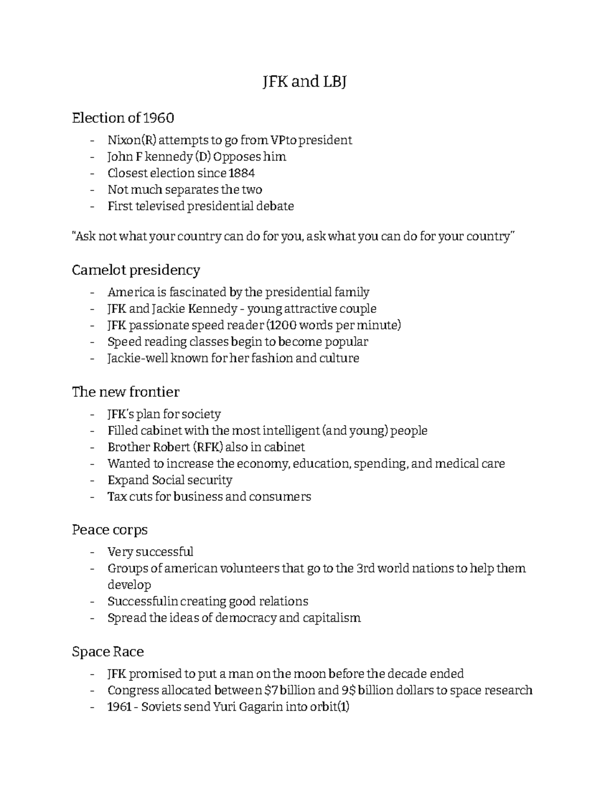 JFK and LBJ - Class notes about JFK and LBJ - JFK and LBJ Election of ...