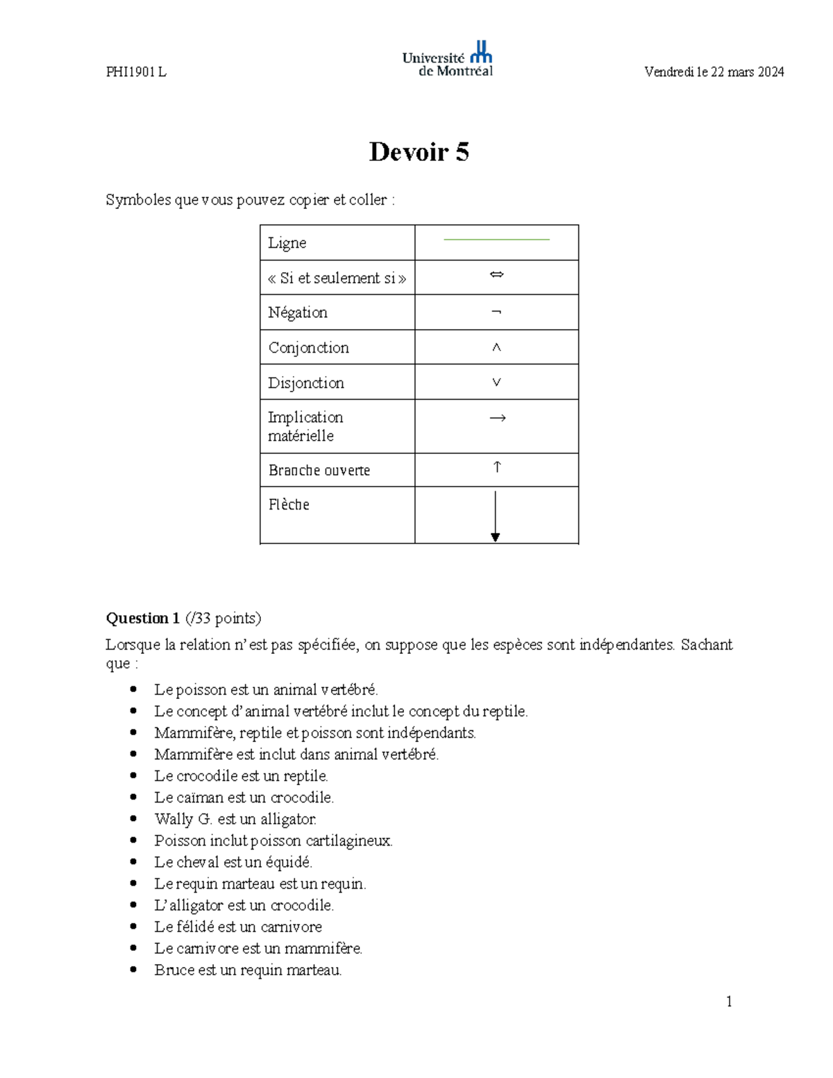 Devoir 5 PHI1901-L H24 - PHI1901 L Vendredi le 22 mars 2024 Devoir 5 Symboles que vous pouvez ...