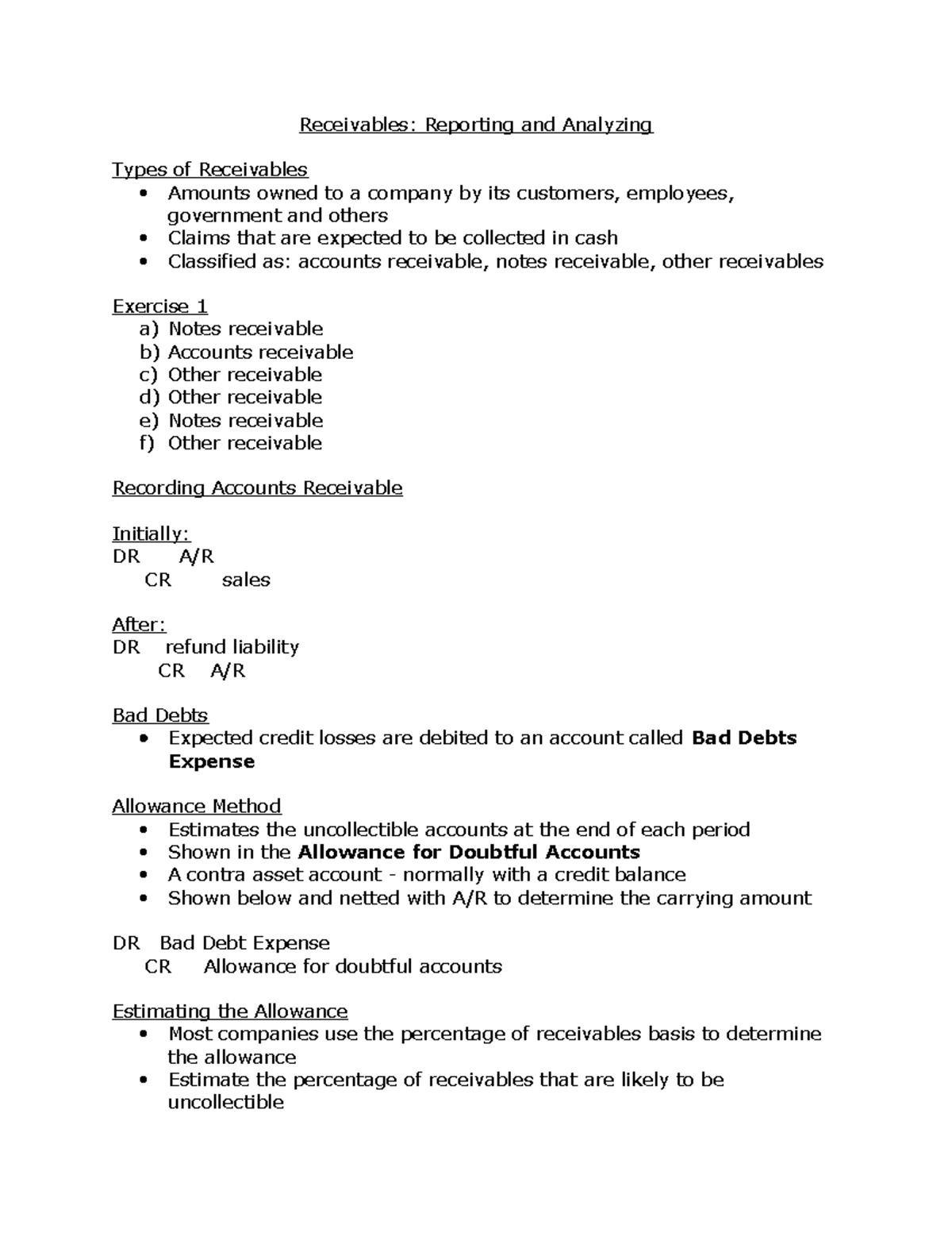 Lecture 8 - notes - Receivables: Reporting and Analyzing Types of ...