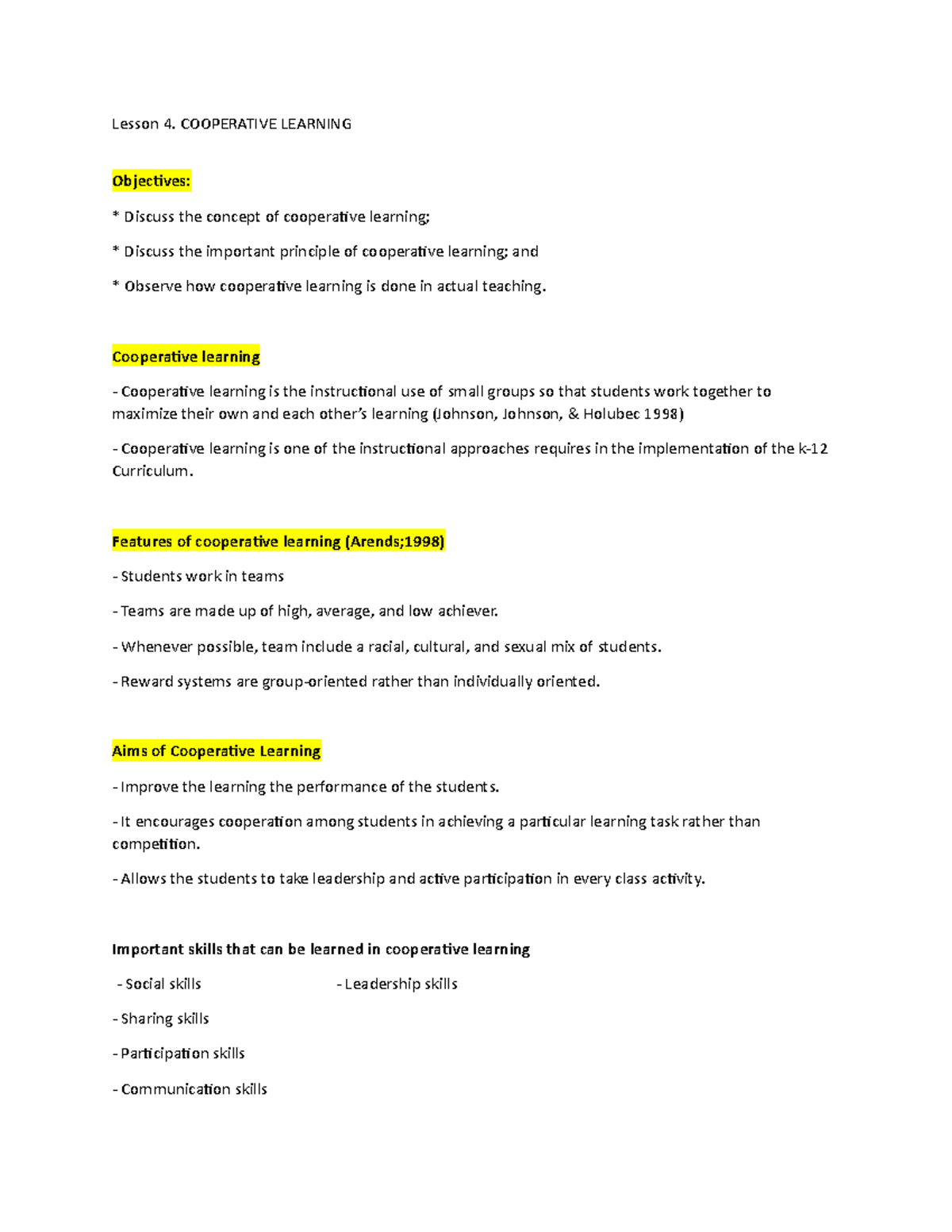 Cooperative Learning - Lesson 4. COOPERATIVE LEARNING Objectives: Discuss the concept of ...