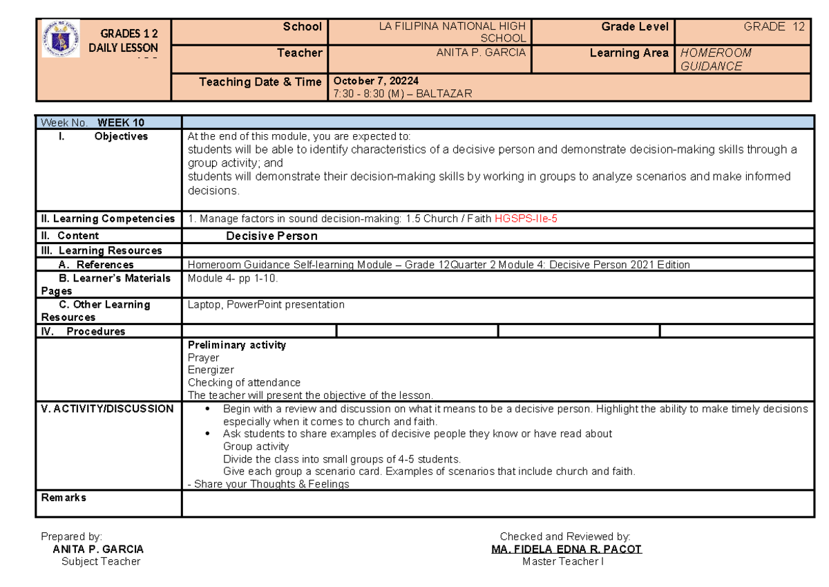 DLL HG WEEK 11 - HRG WEEK 11 DLL - School LA FILIPINA NATIONAL HIGH ...
