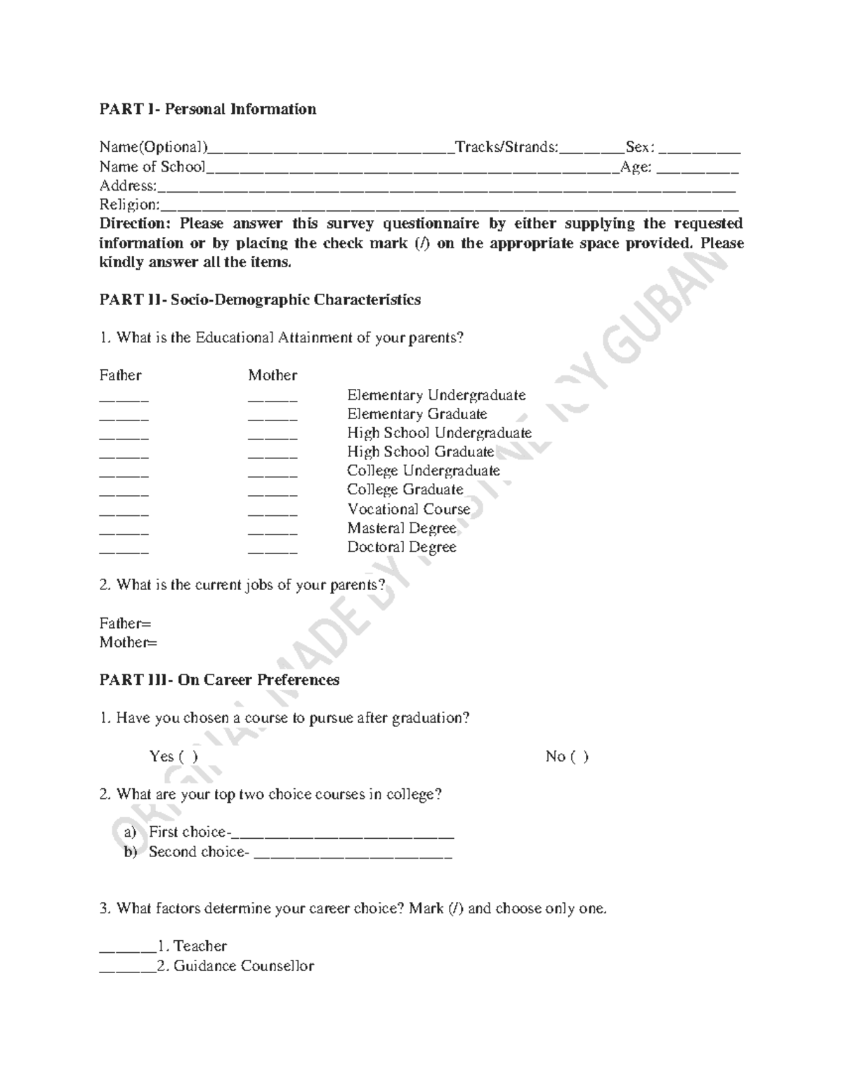 Sample Survey Questionaire About Factors THAT Influence Career ...