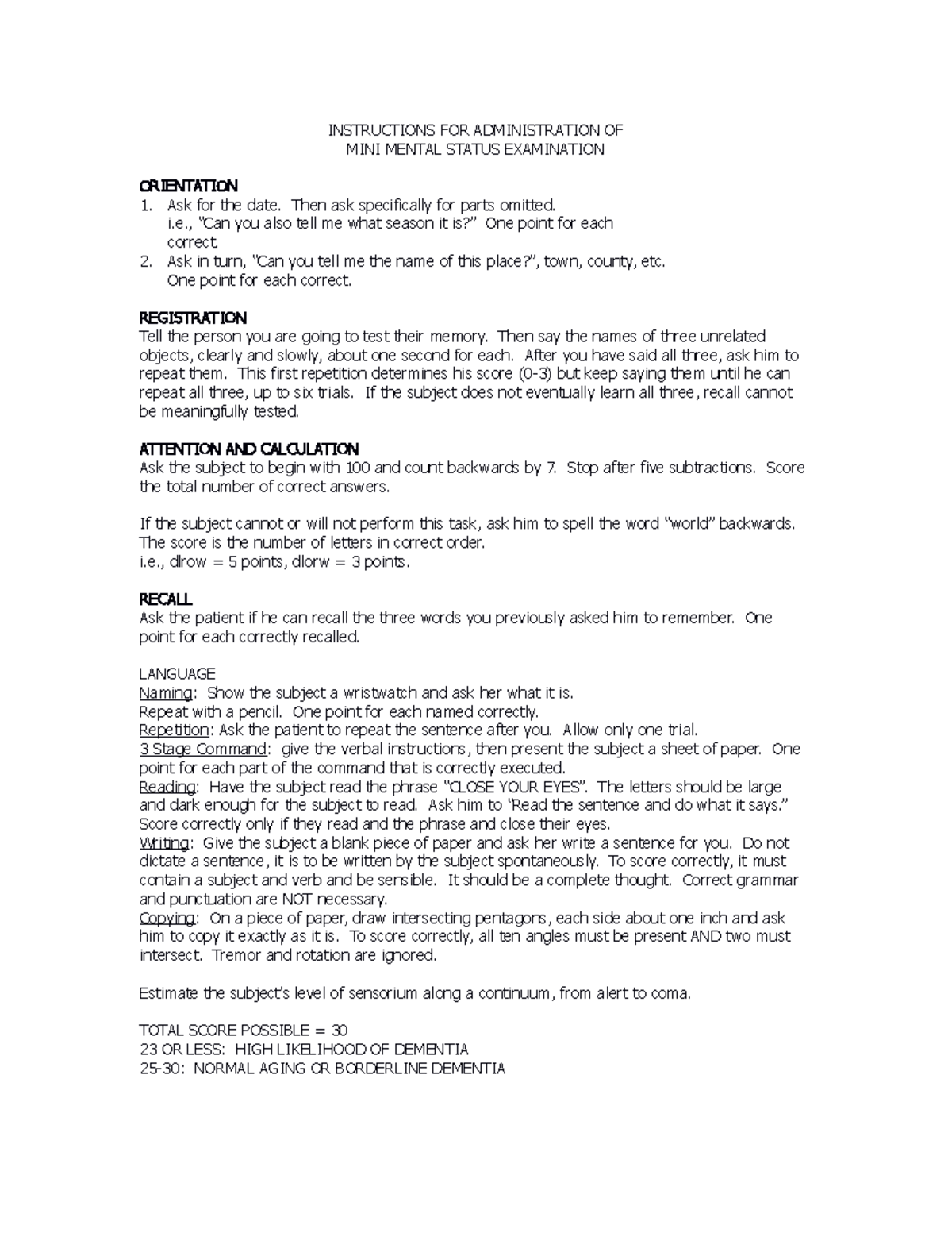 Mini mental status exam - INSTRUCTIONS FOR ADMINISTRATION OF MINI ...