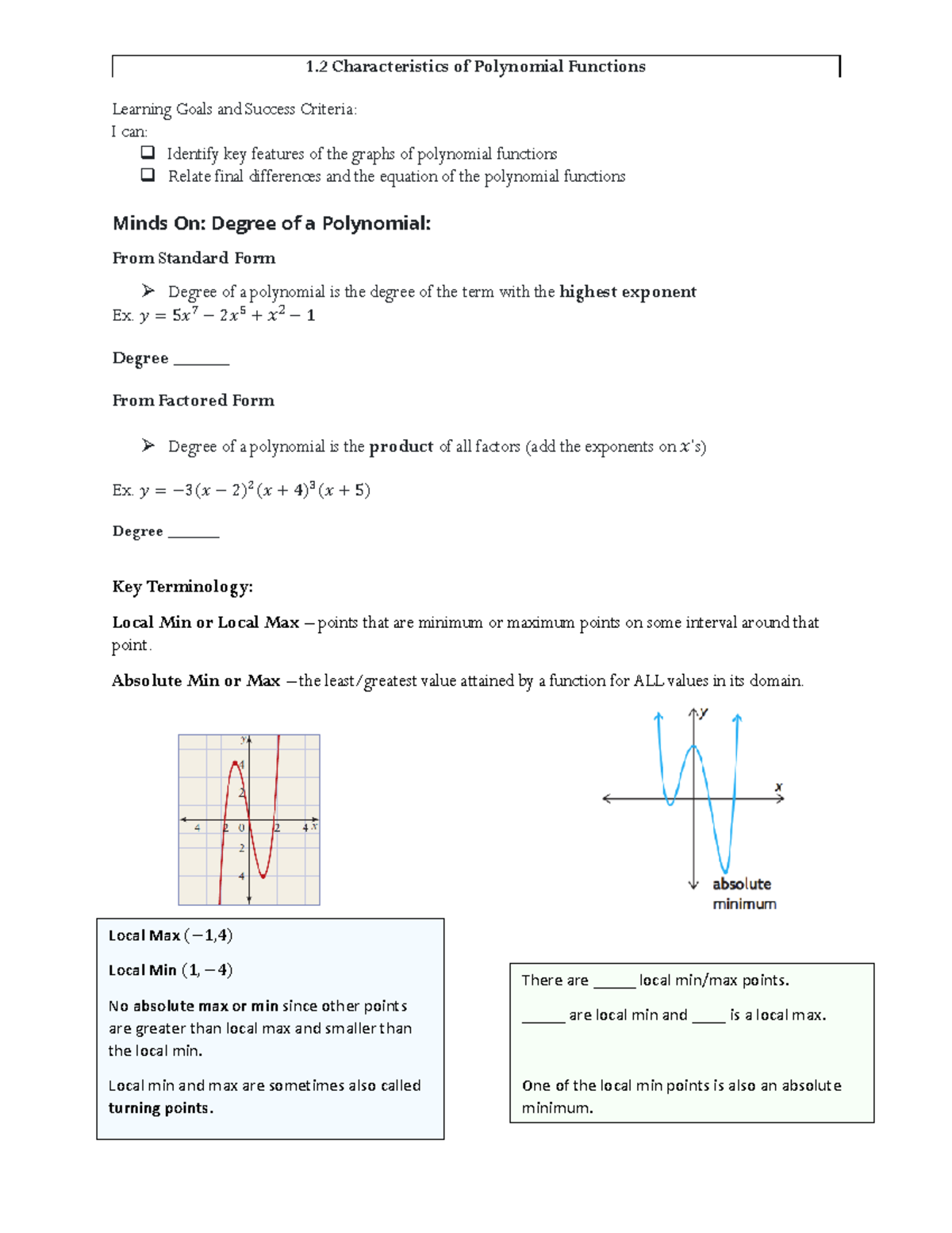 1.2 Handout Characteristics of Polynomial Functions - 1 Characteristics ...