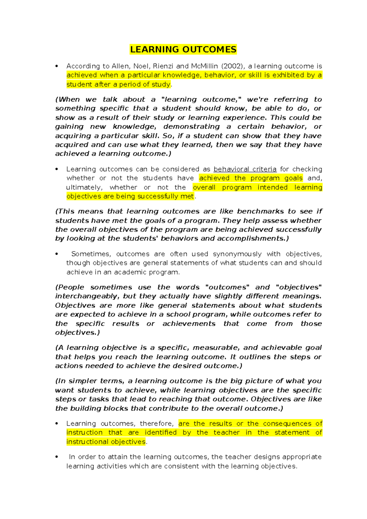 105A Report - Learning Outcomes - LEARNING OUTCOMES According to Allen ...