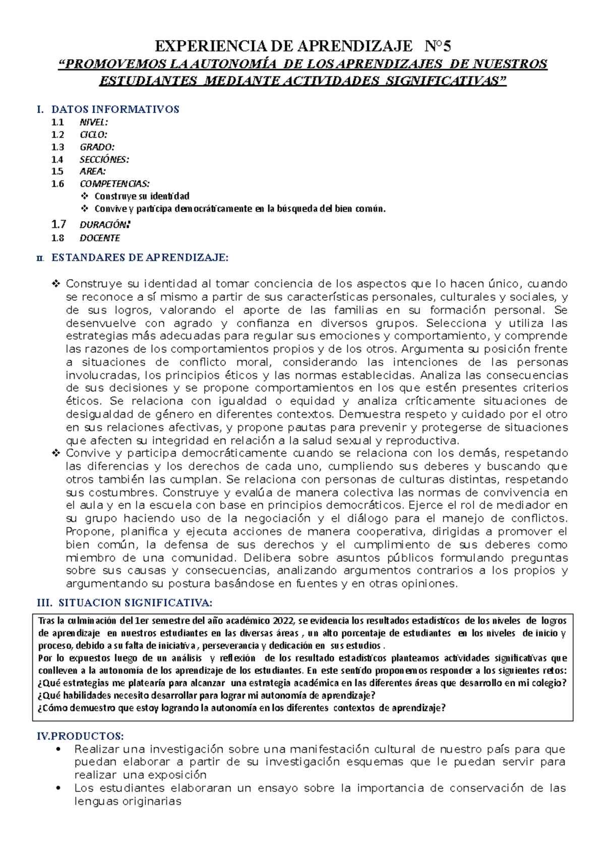 Experiencia DE Aprendizaje 5 DPCC - EXPERIENCIA DE APRENDIZAJE N° “PROMOVEMOS LA AUTONOMÍA DE ...