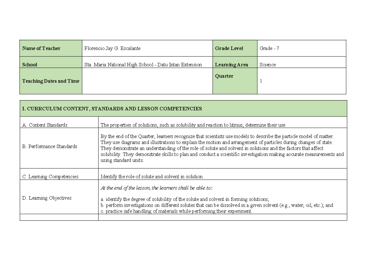 Lesson PLAN 7 - Name of Teacher Florencio Jay G. Escalante Grade Level ...