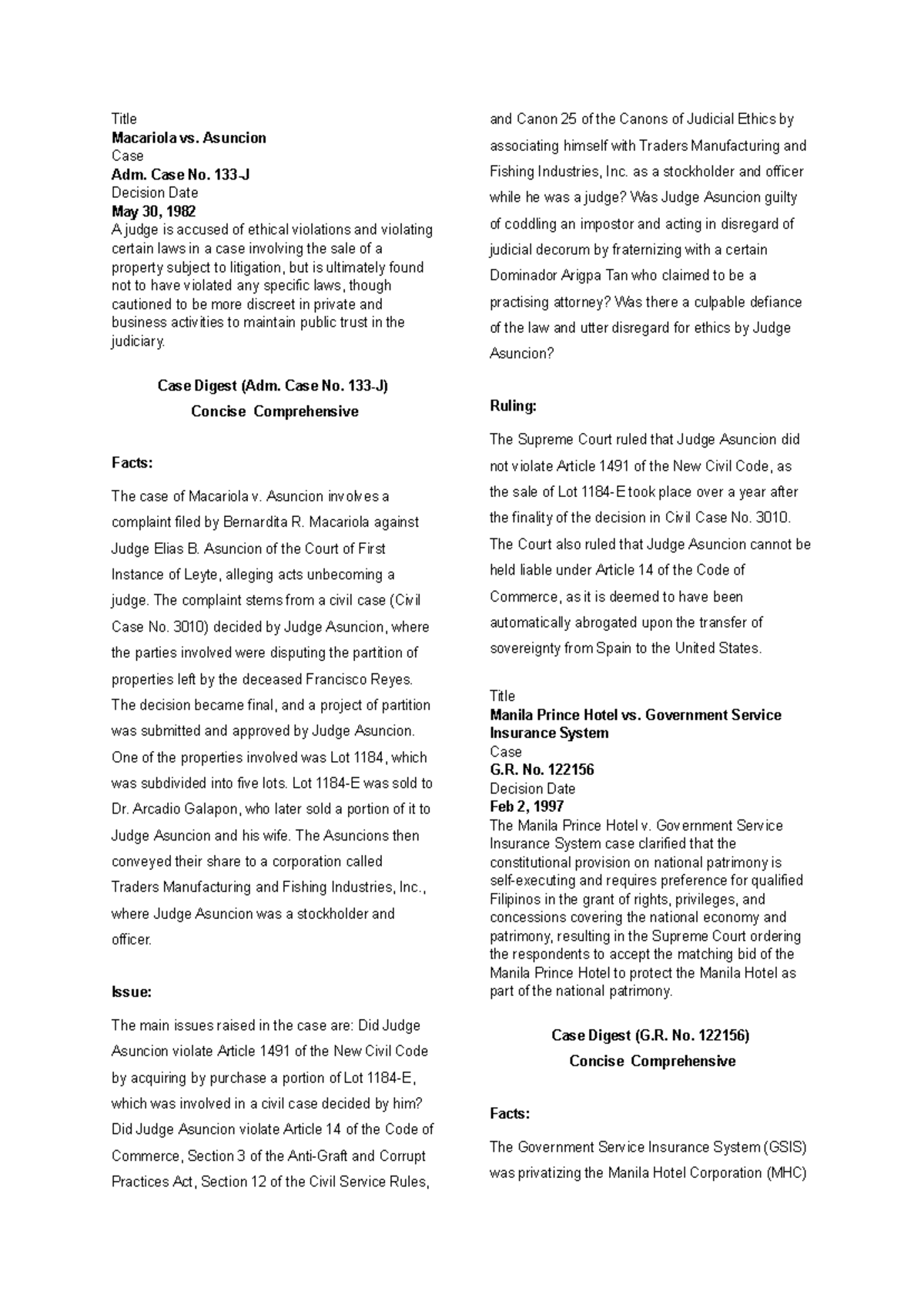Consit Law 1 Cases - Title Macariola vs. Asuncion Case Adm. Case No ...