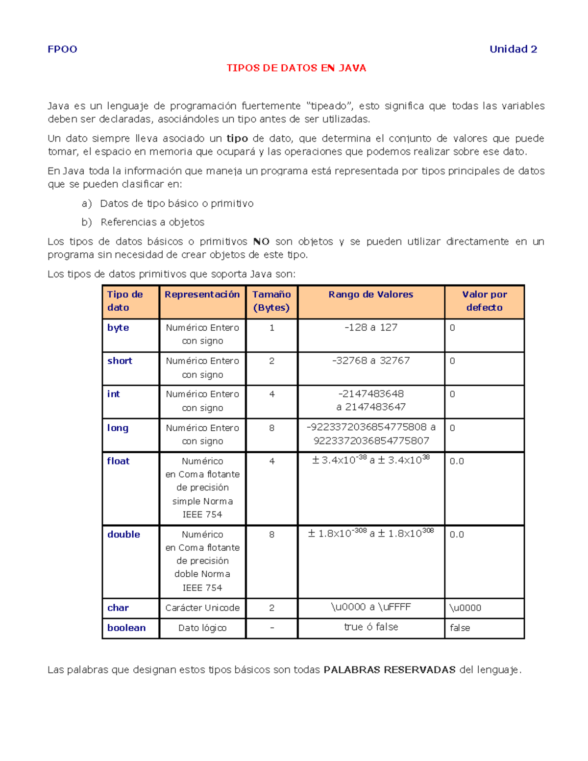 Tipos De Datos - FPOO Unidad 2 TIPOS DE DATOS EN JAVA Java es un ...