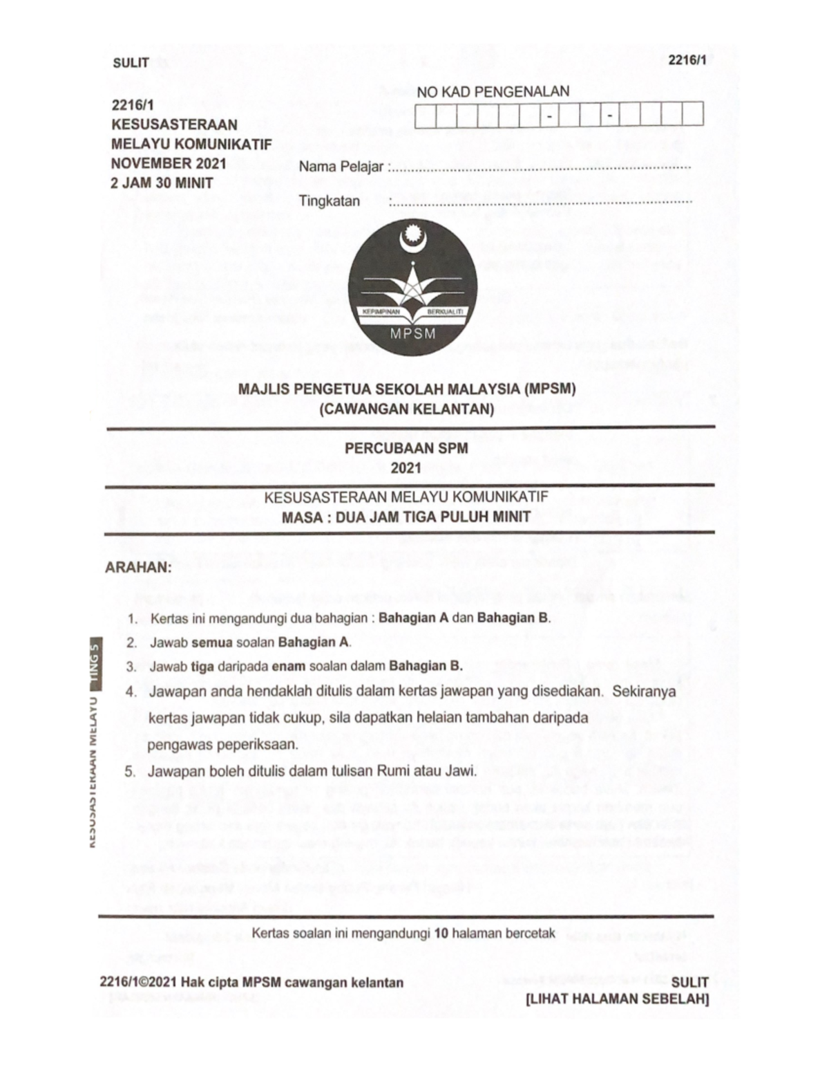 2021 Kelantan MPSM KMK K1 - Bahasa melayu - SMK Maxwell, Kuala Lumpur ...