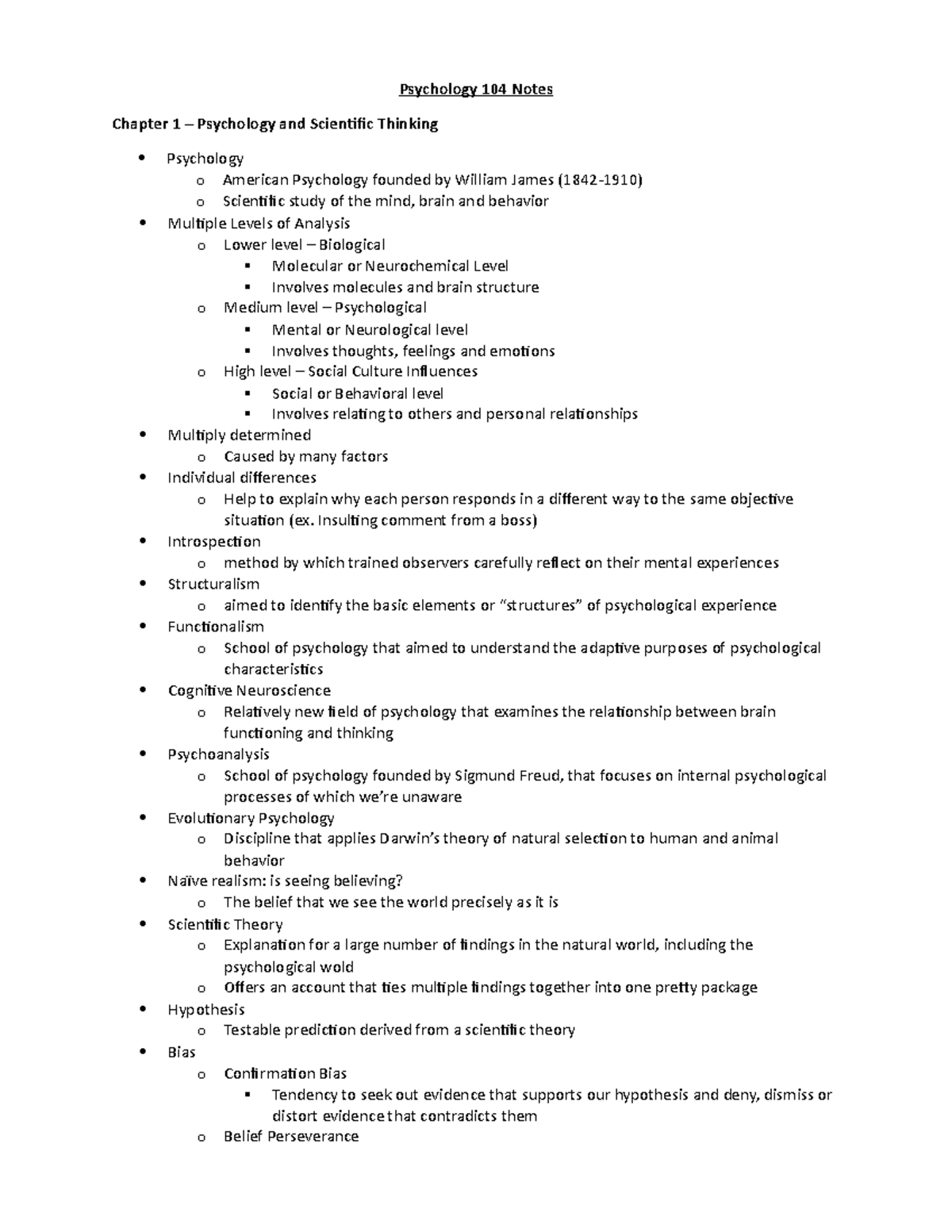 Psych 104 Notes - Psychology 104 Notes Chapter 1 – Psychology and ...