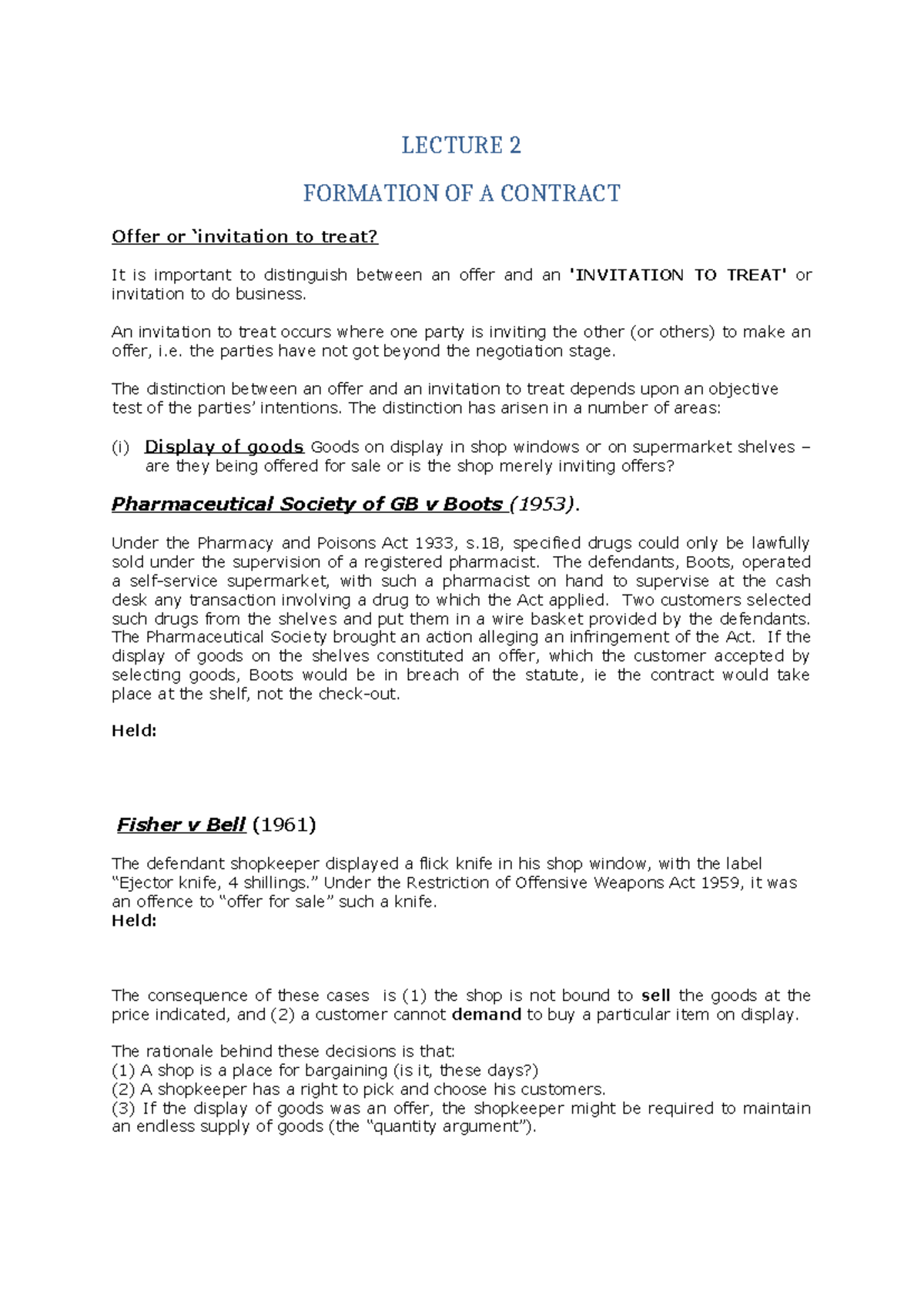Lecture 2 - Lecture Notes - LECTURE 2 FORMATION OF A CONTRACT Offer or ...