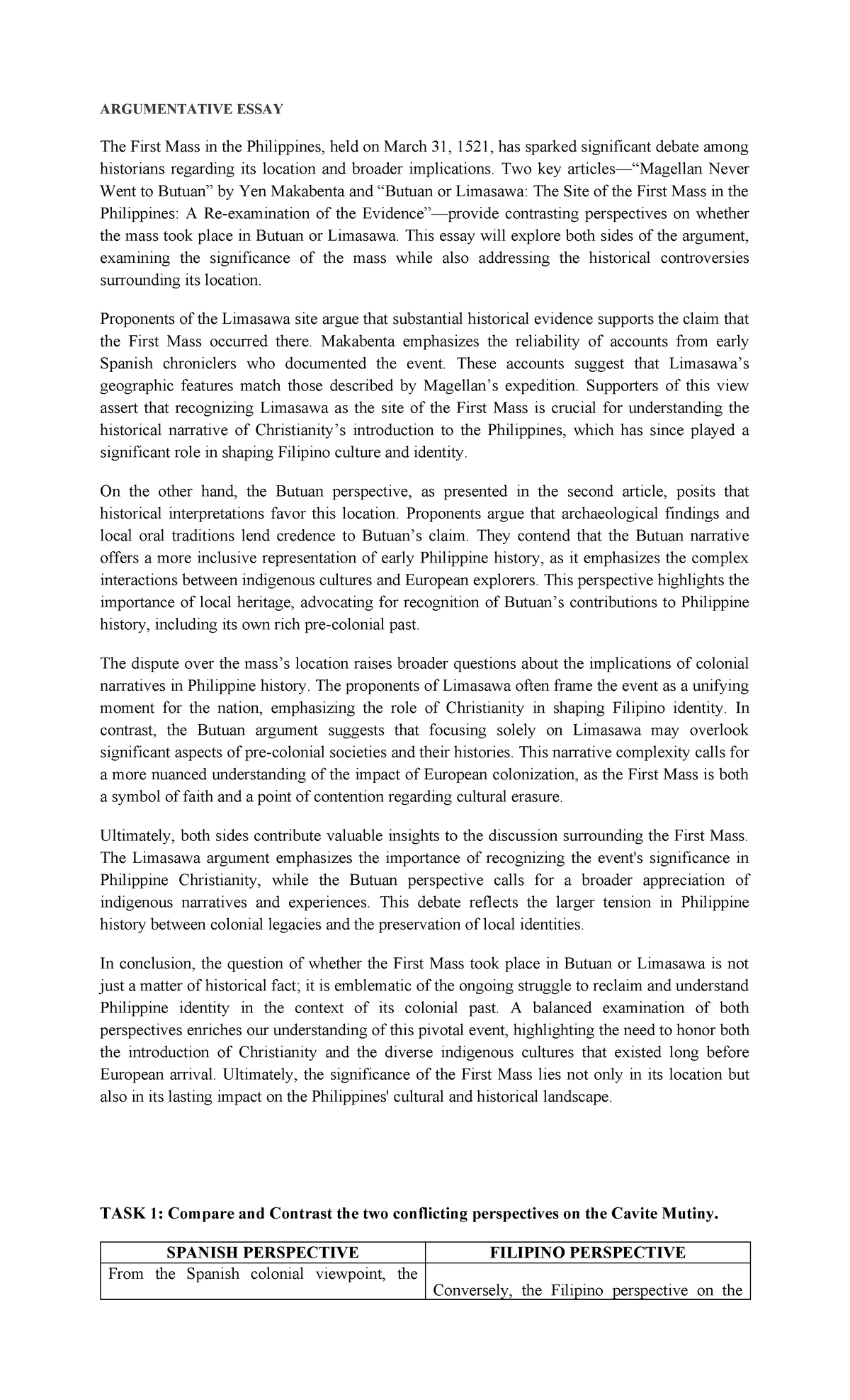 Christian JOE ARRE History Activities - ARGUMENTATIVE ESSAY The First ...