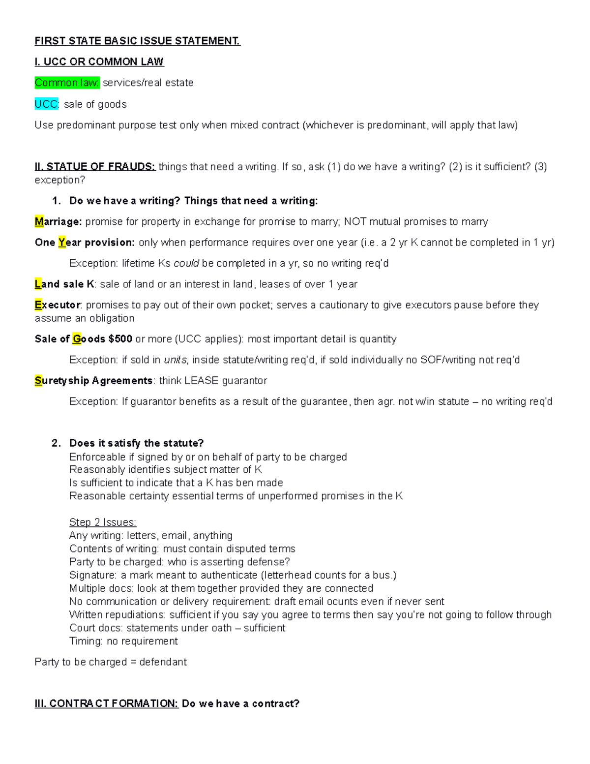 Contracts outlines - Outline - FIRST STATE BASIC ISSUE STATEMENT. I ...