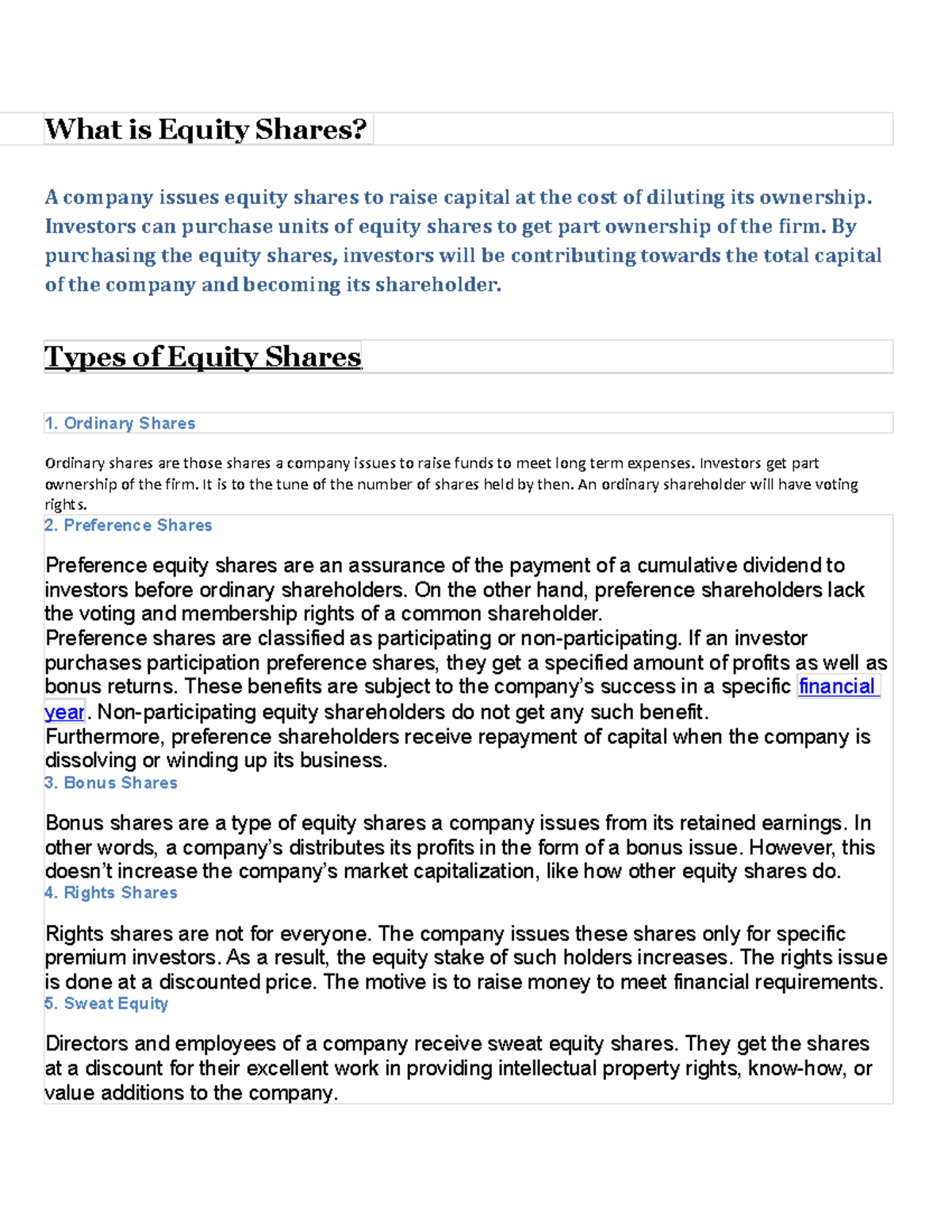 Notes BBA 4(R) - What is Equity Shares? A company issues equity shares ...