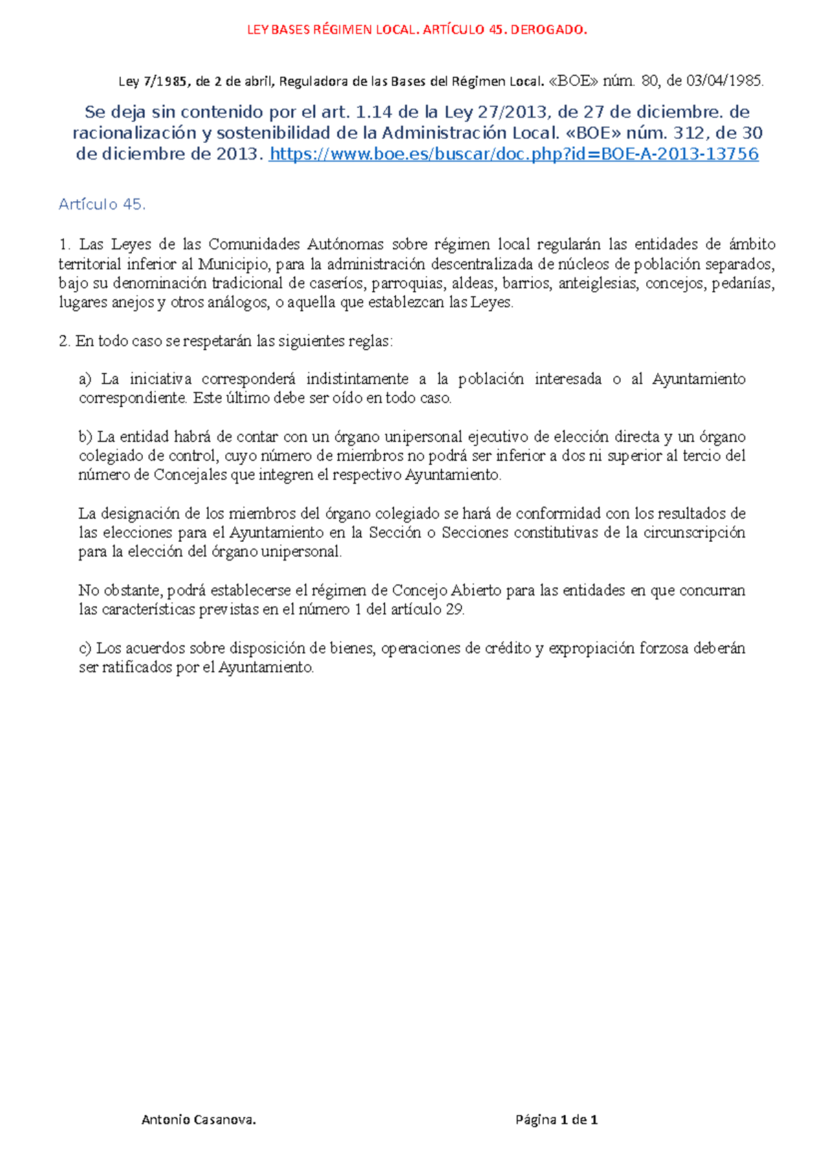Art 45 LBRL-Derogado - Derogacion Art 45 ley de bases de regimen local ...