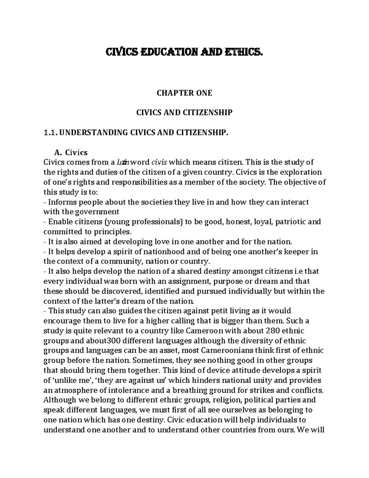 Civics AND Moral Education - CIVICS EDUCATION AND ETHICS. CHAPTER ONE ...