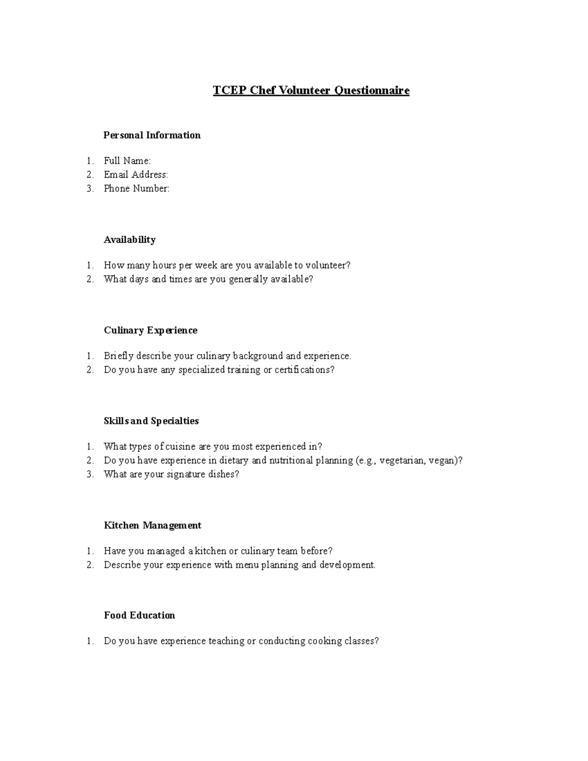 TCEP Chef Volunteer Questionnaire - TCEP Chef Volunteer Questionnaire ...