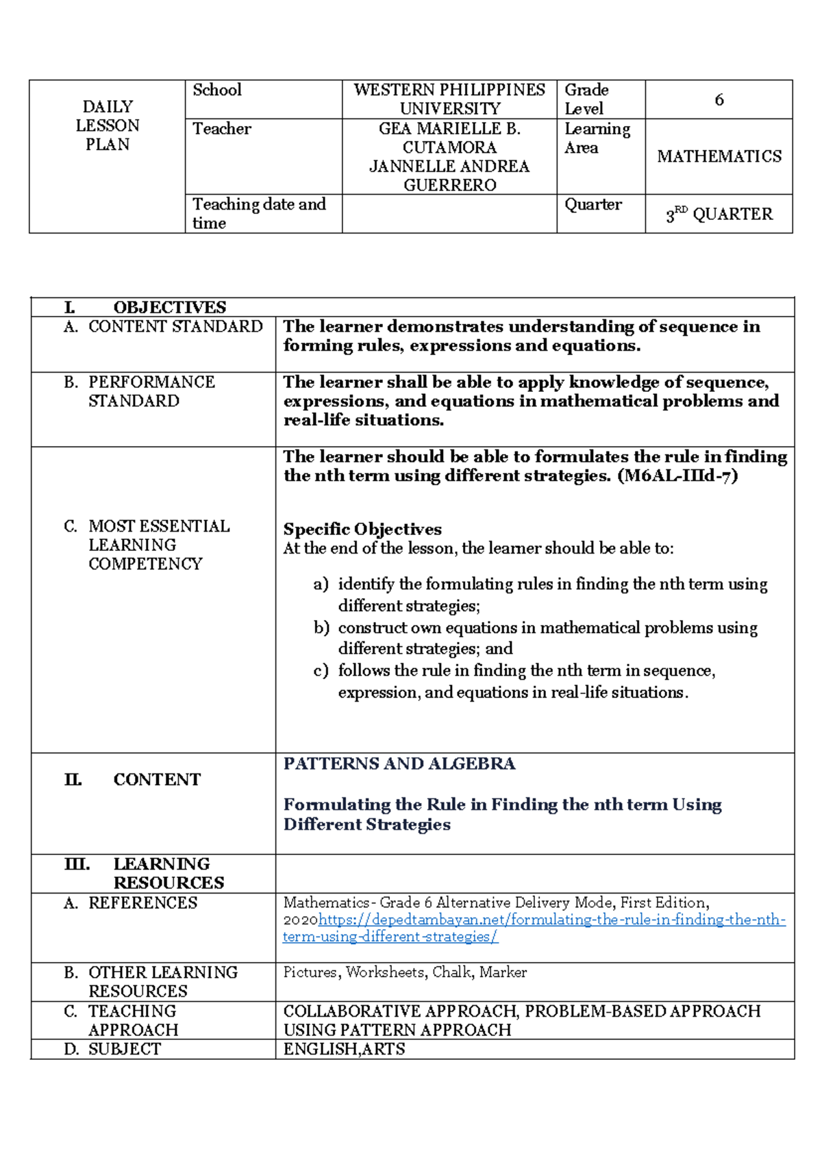 Lesson PLAN Using Pattern - I. OBJECTIVES A. CONTENT STANDARD The ...