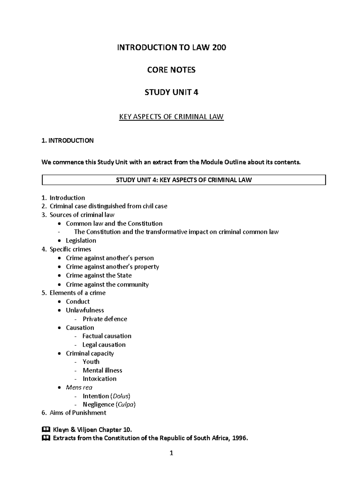 ILL 200 Study UNIT 4 - Criminal LAW CORE Notes - INTRODUCTION TO LAW ...