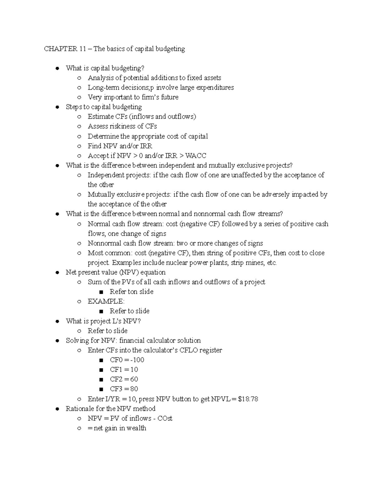 FIN 320- WEEK 13 Notes - the basics of capital budgeting - CHAPTER 11 ...