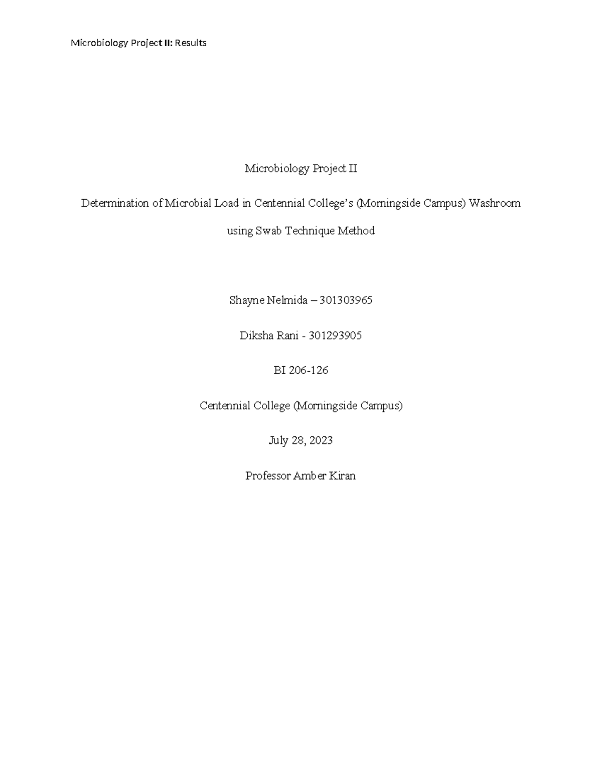 Summary of Results (Micro pro 2) - Microbiology Project II ...