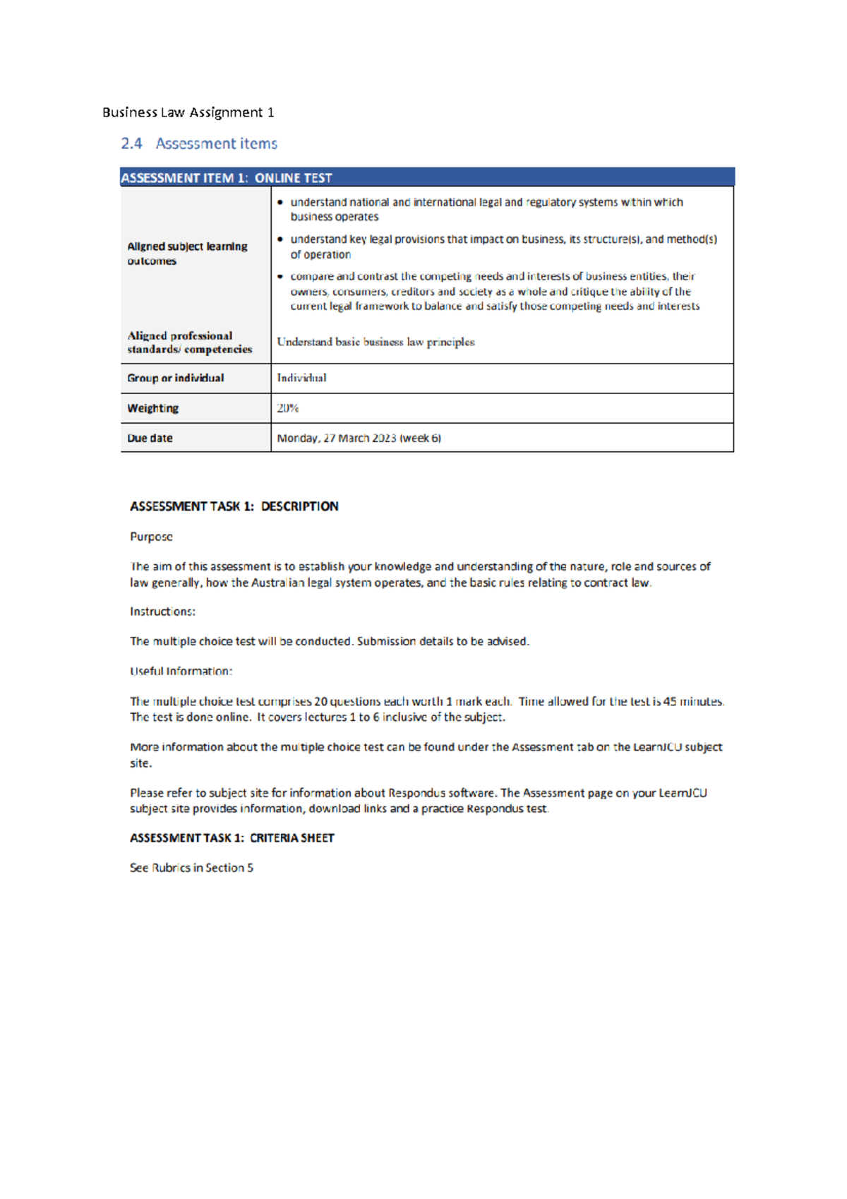 Assesment 1 Quiz - NOTES - BU1112:03 - Business Law Assignment - Studocu